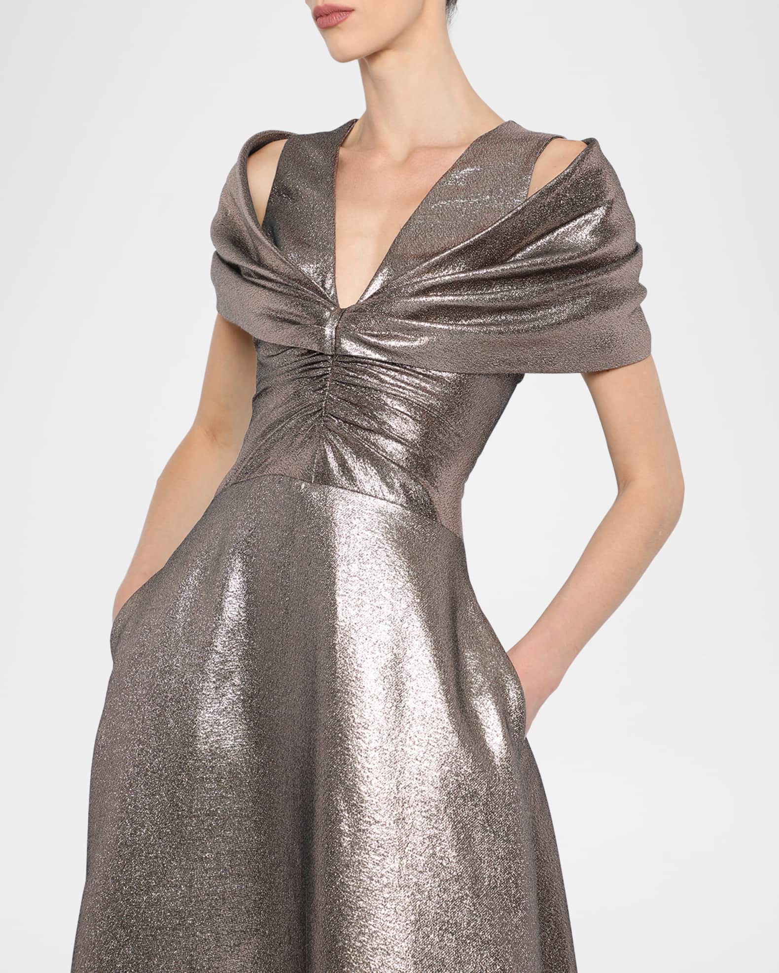 Atelier Prabal Gurung Chiara Metallic Draped-Shoulder Gown | Neiman Marcus