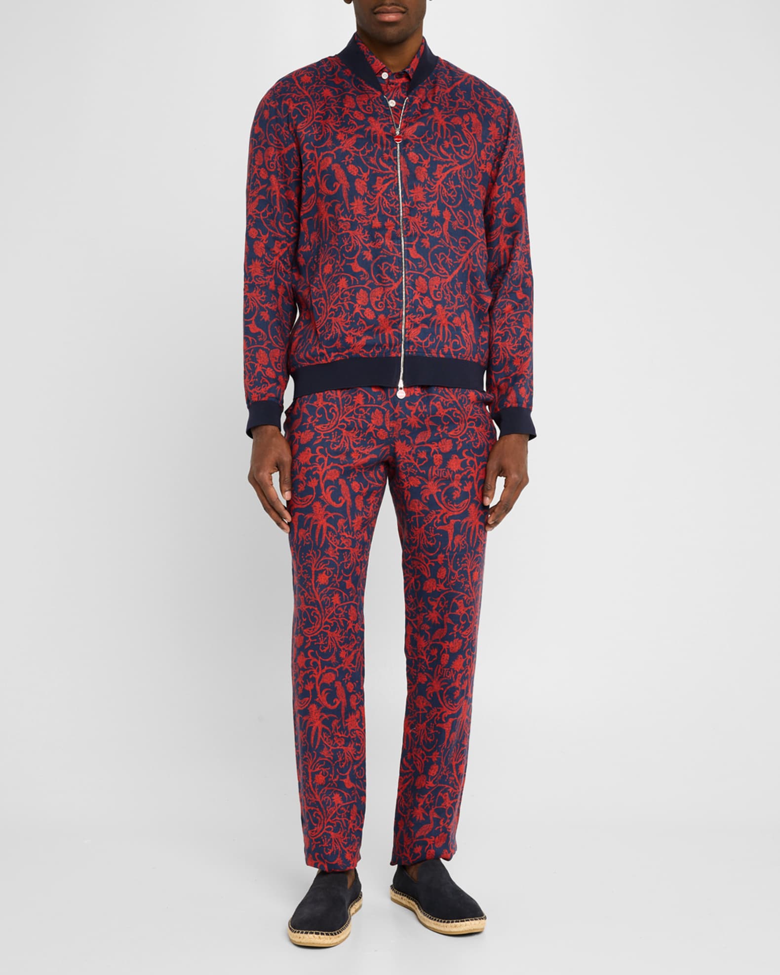 Kiton Men's Linen Coral-Print Full-Zip Bomber Jacket | Neiman Marcus