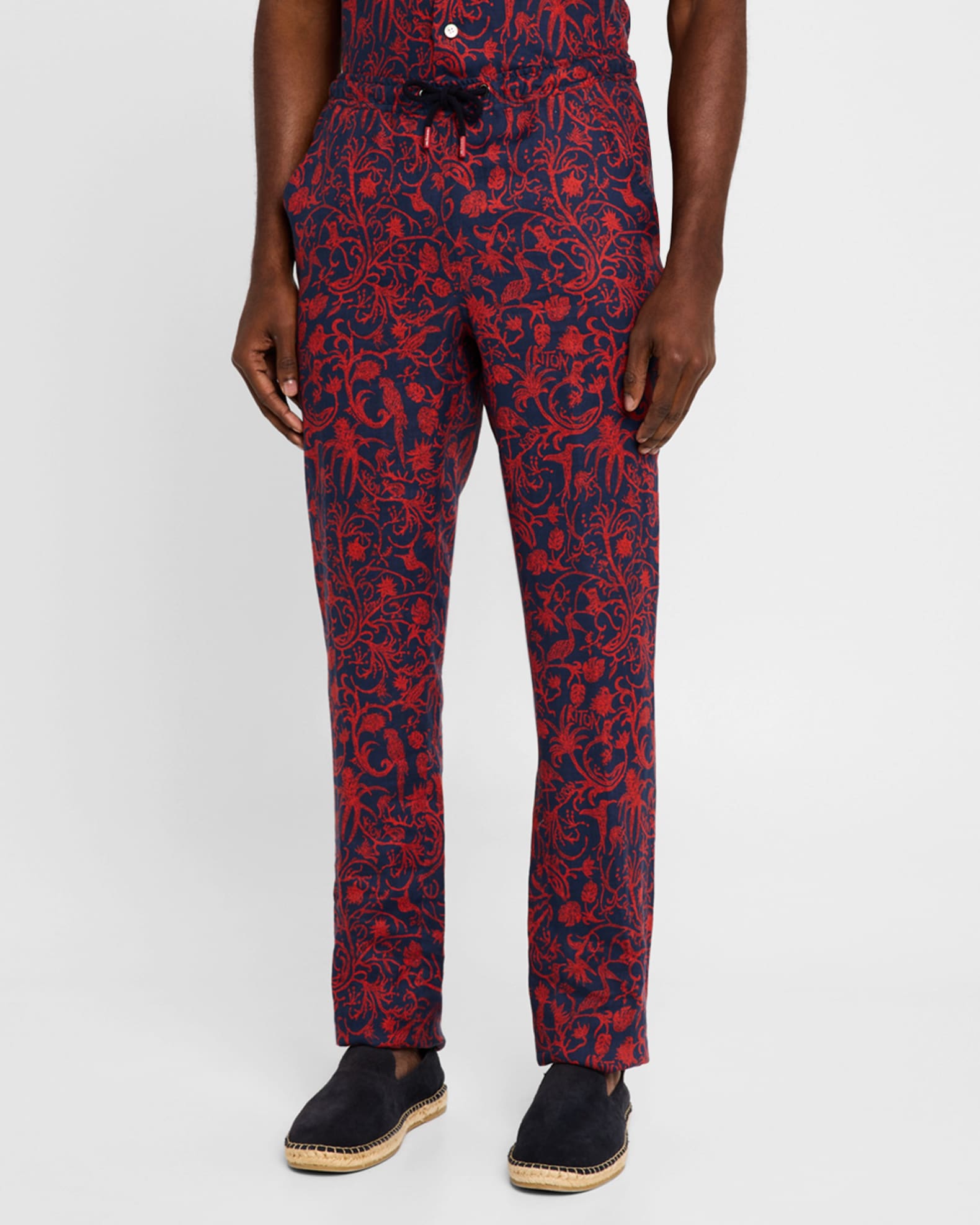 Kiton Men's Linen Coral-Print Stretch Pants | Neiman Marcus