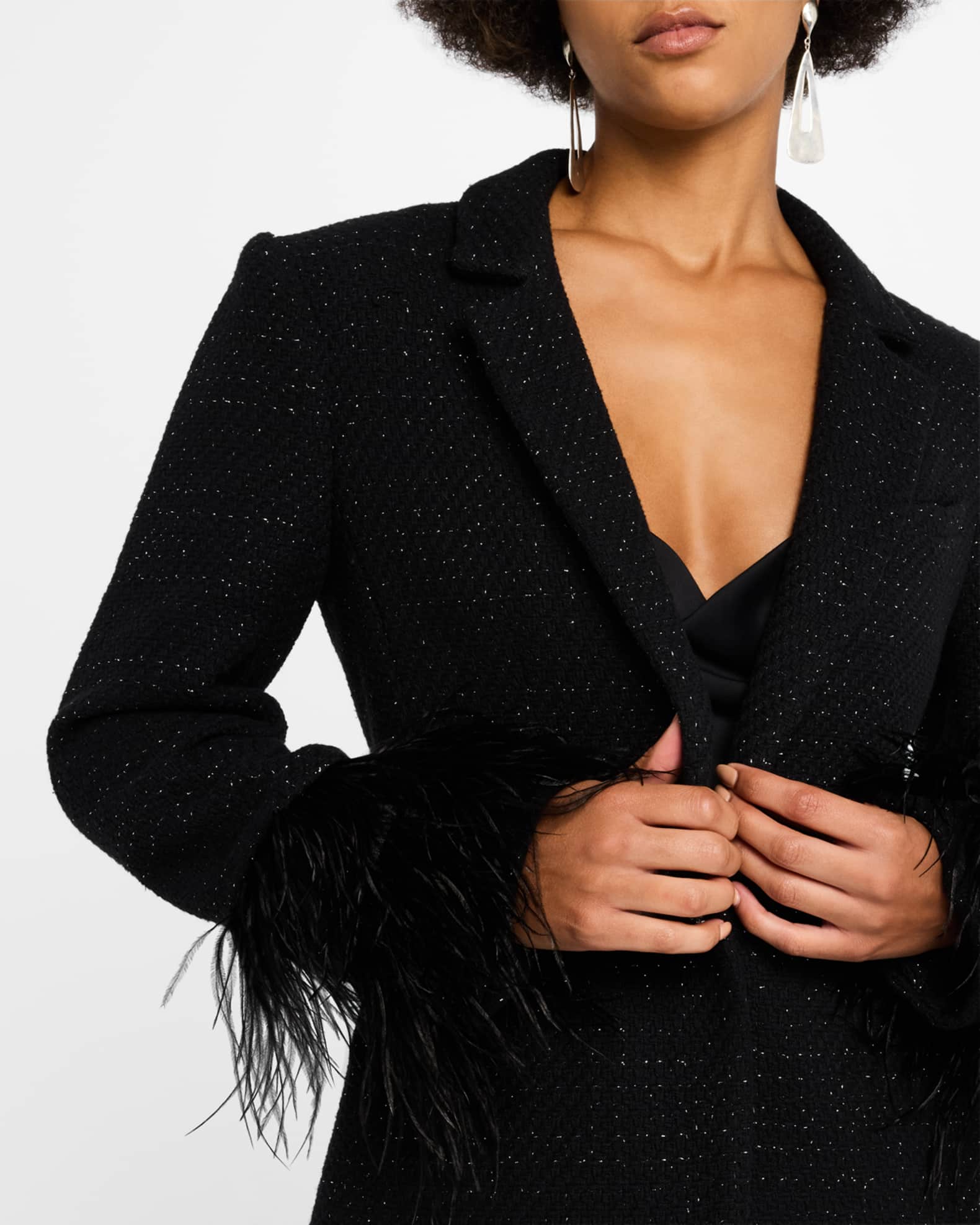 Cinq a Sept Karlie Feather-Trim Shimmer Boucle Blazer | Neiman Marcus