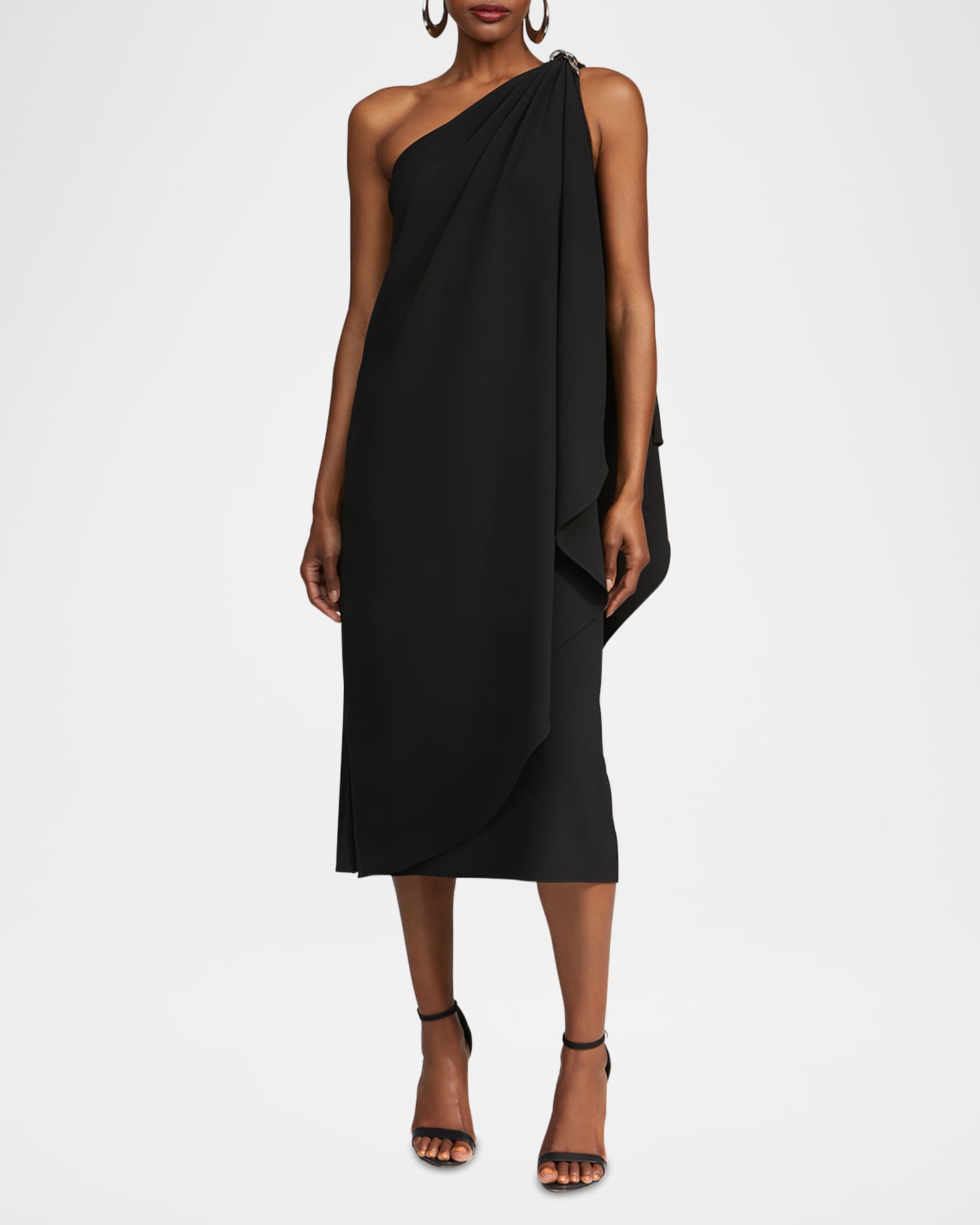 Halston Aries Draped One-Shoulder Crepe Midi Dress | Neiman Marcus