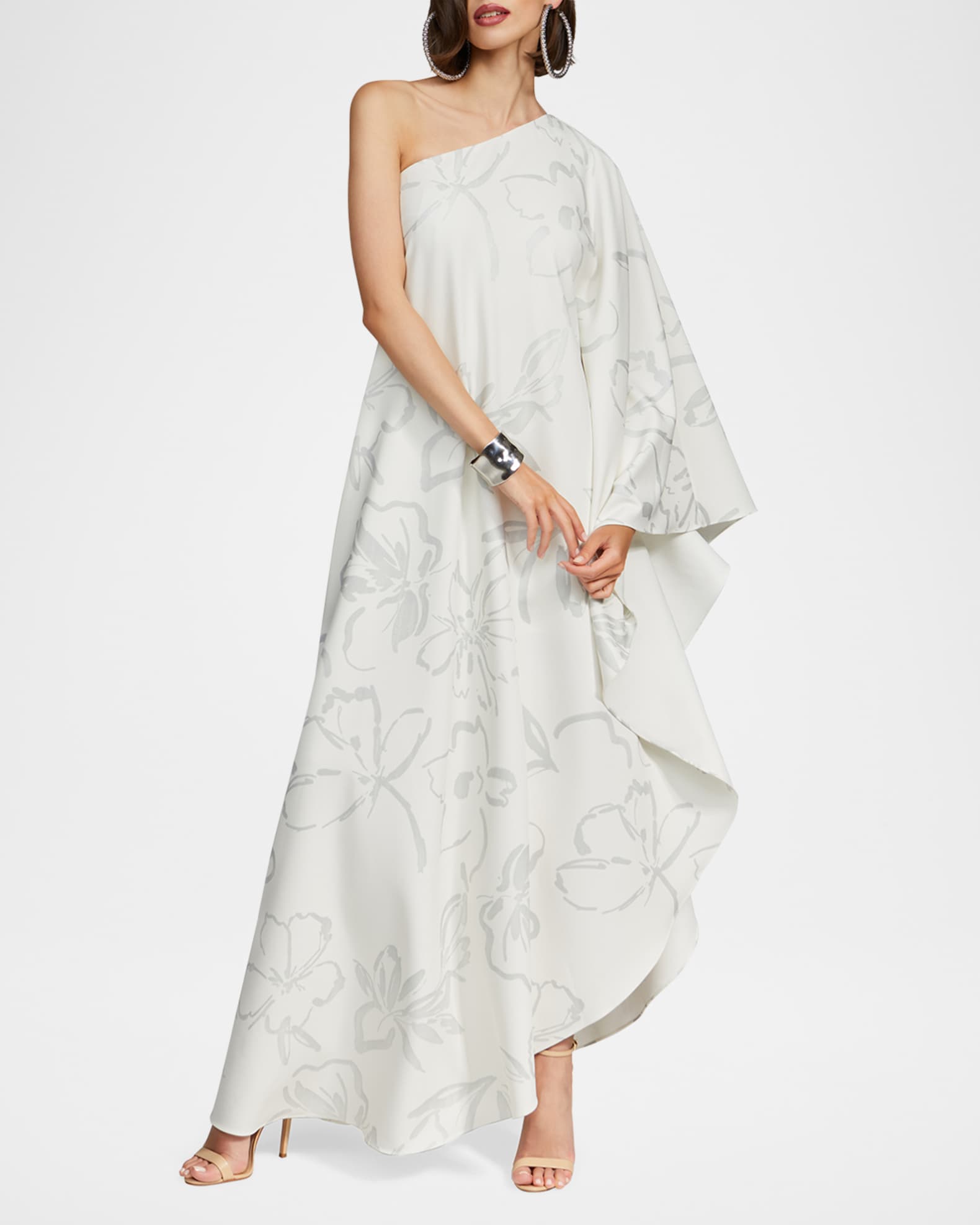 Halston Nevean One-Shoulder Foil Crepe Caftan | Neiman Marcus