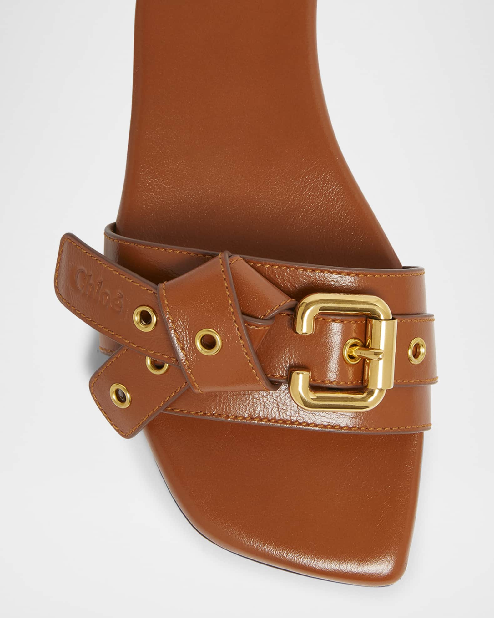 Chloe Mae Leather Buckle Flat Slide Sandals | Neiman Marcus