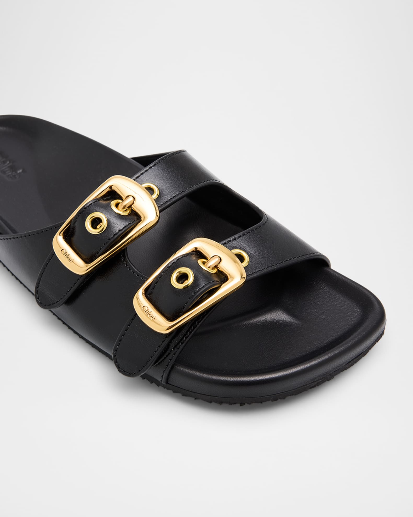 Chloe Polly Leather Double-Buckle Slide Sandals | Neiman Marcus