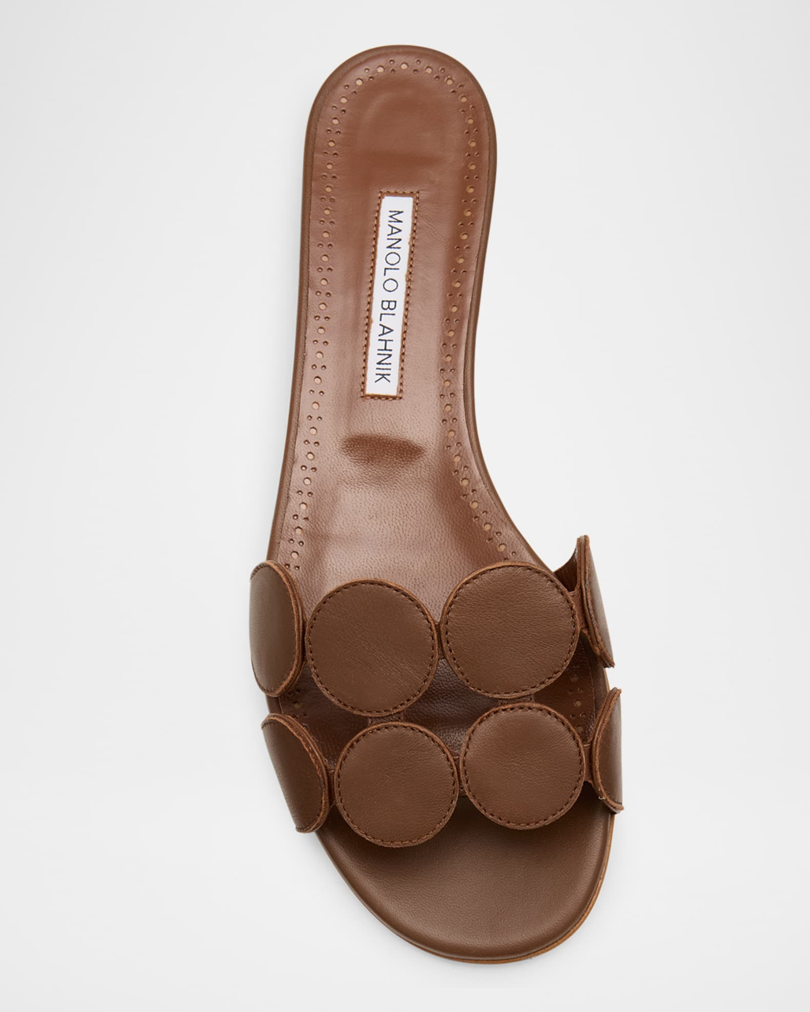 Manolo Blahnik Circle-Cut Leather Flat Slide Sandals | Neiman Marcus