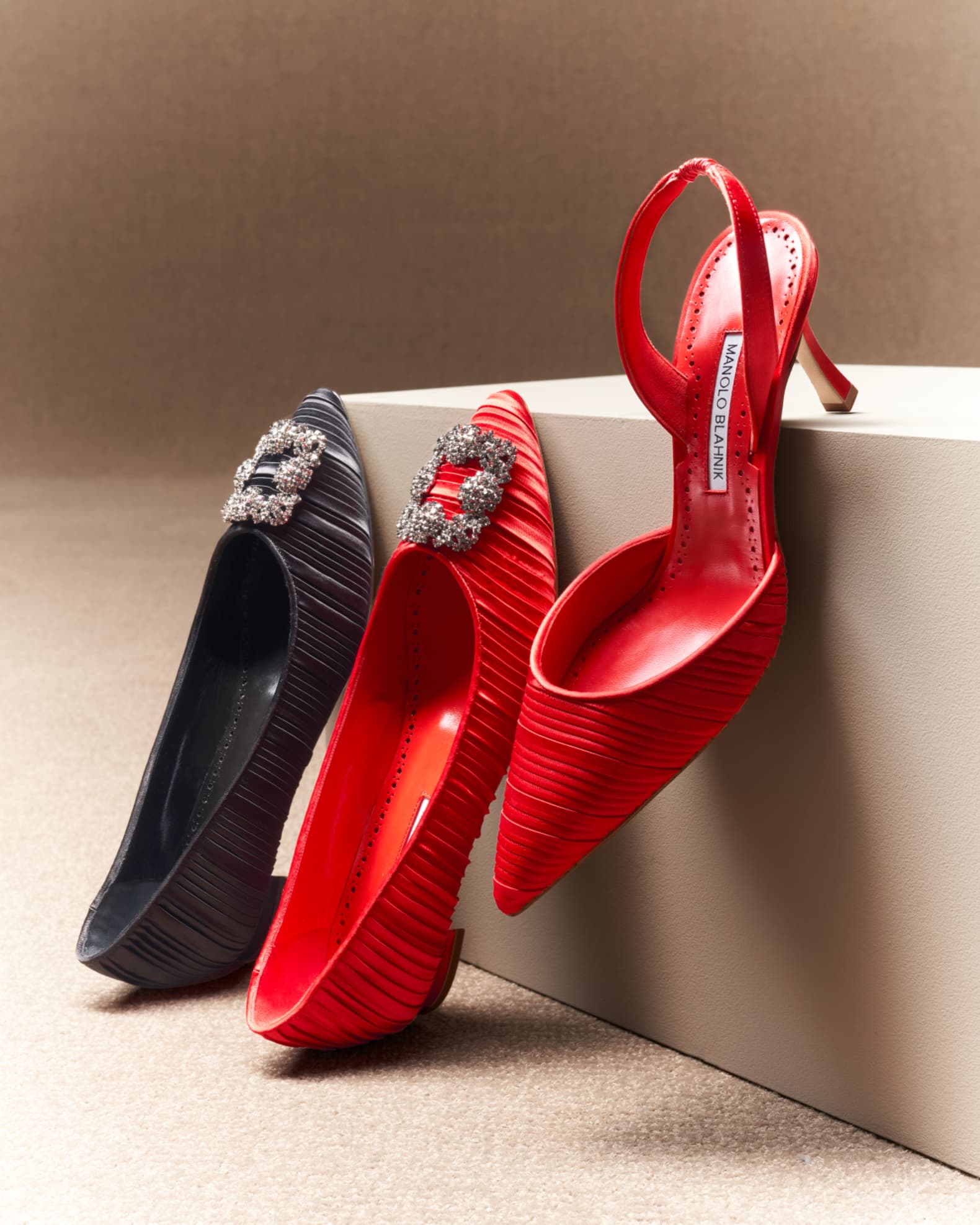 Manolo Blahnik Hangisi Pleated Satin Buckle Ballerina Flats | Neiman Marcus