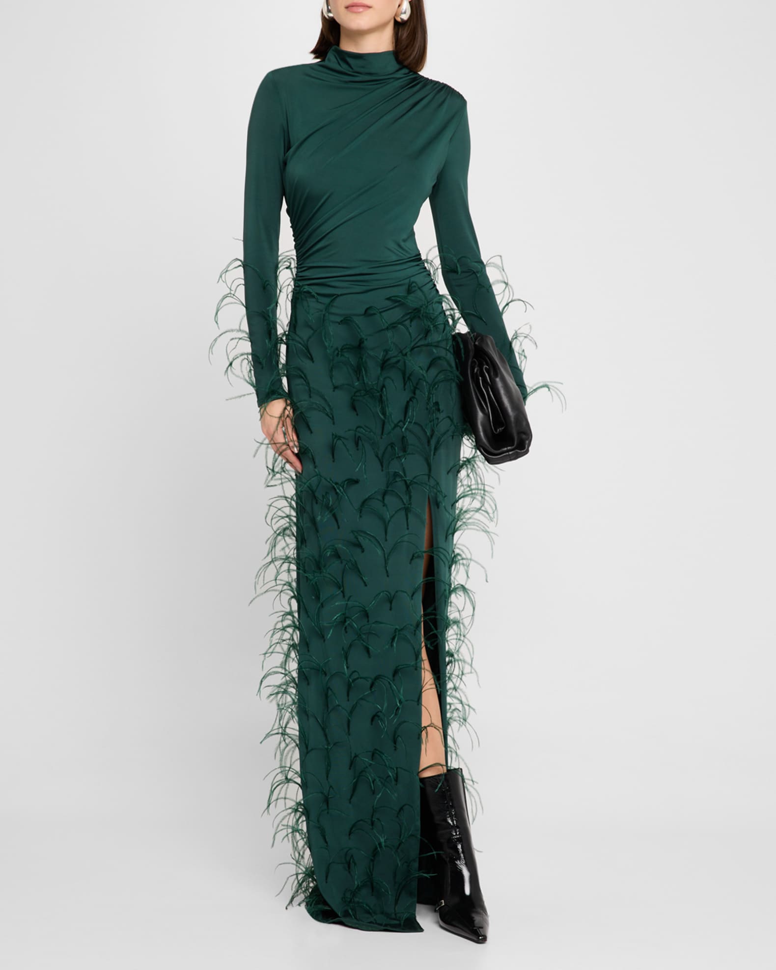 LAPOINTE Feather Embellished Draped Jersey Gown | Neiman Marcus