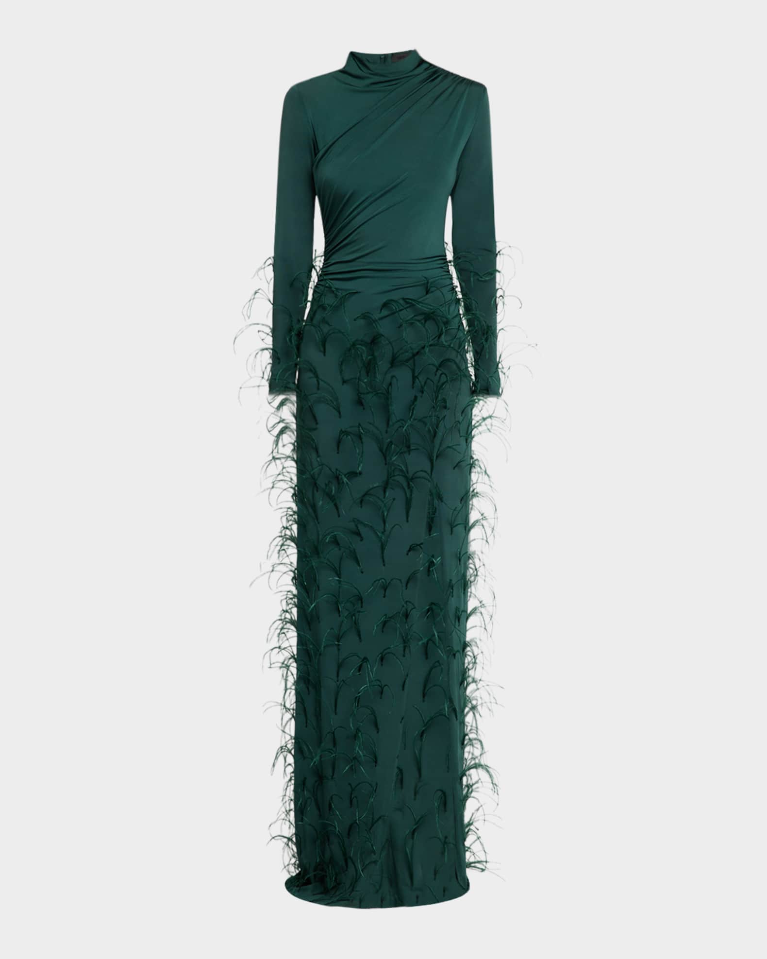 LAPOINTE Feather Embellished Draped Jersey Gown | Neiman Marcus