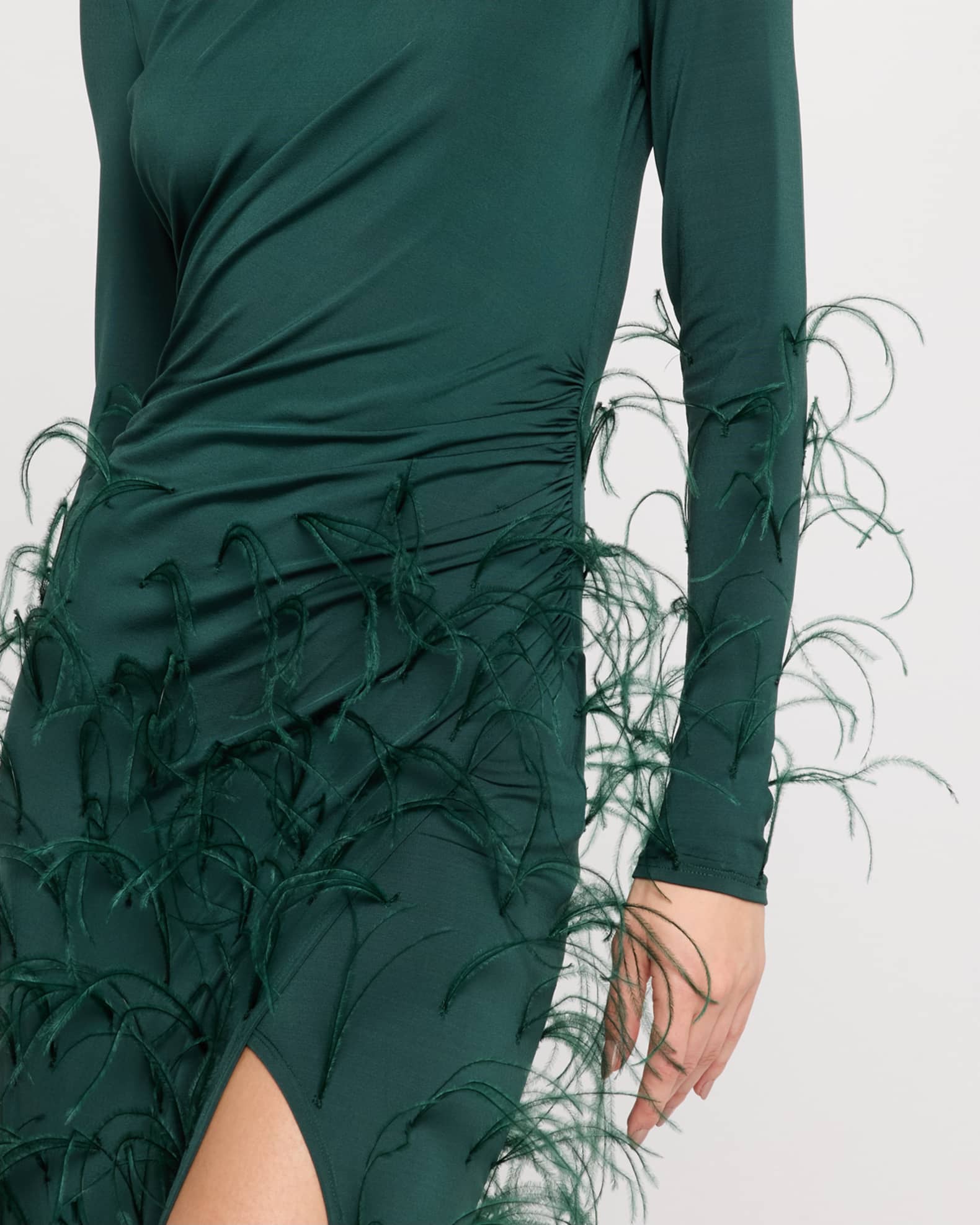 LAPOINTE Feather Embellished Draped Jersey Gown | Neiman Marcus