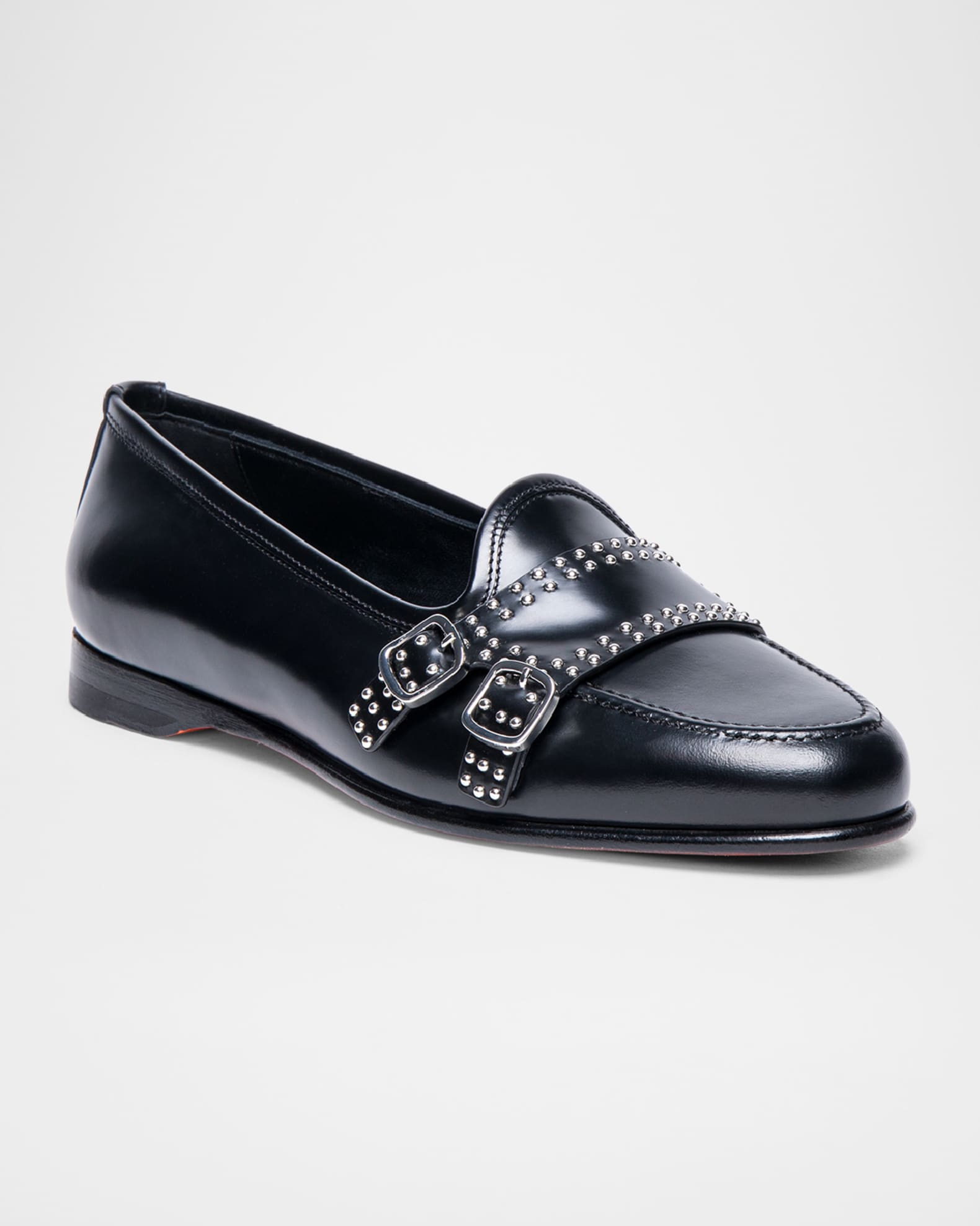 Santoni Andrea Leather Stud Double-Monk Loafers | Neiman Marcus