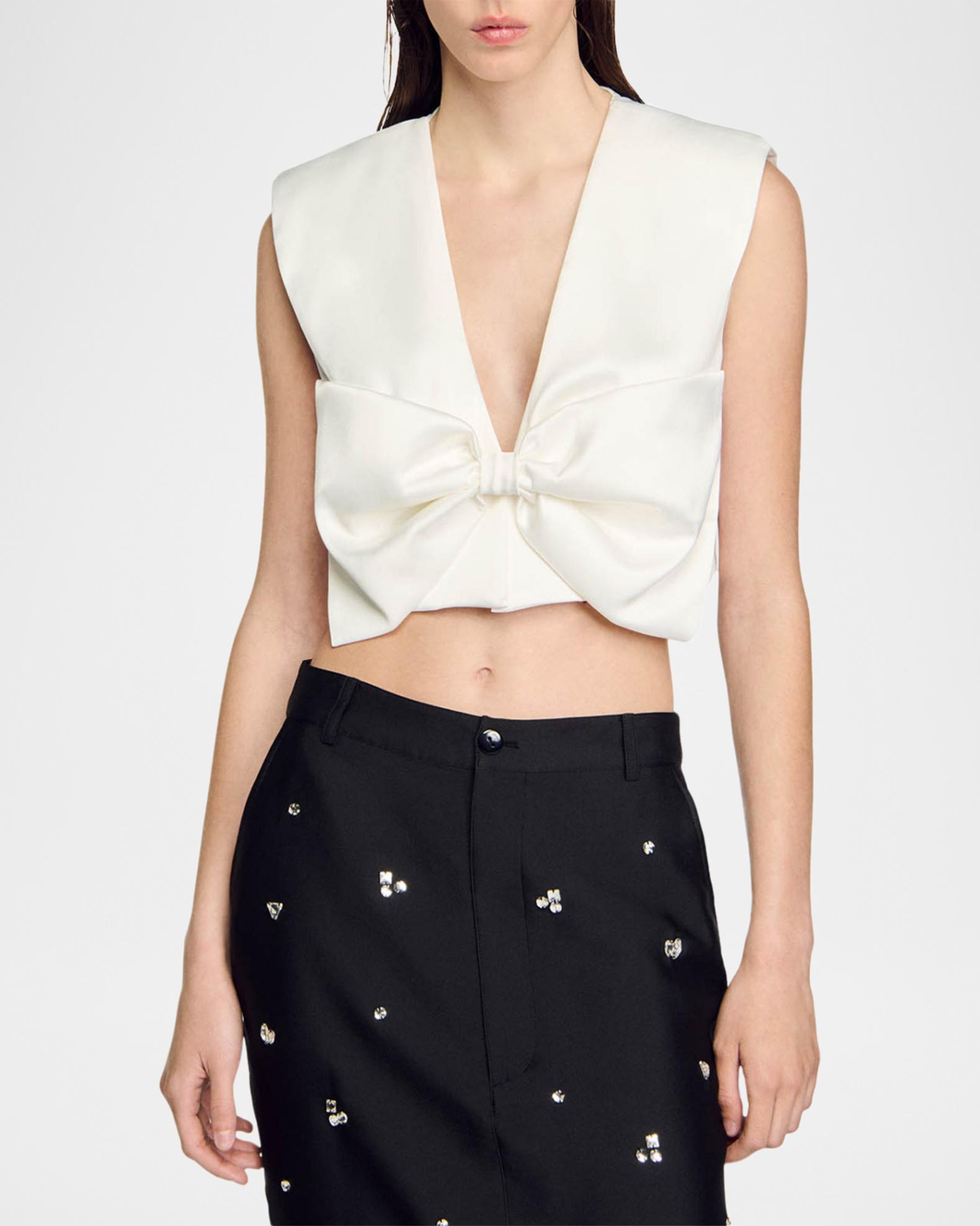 Sandro Passy Satin Oversized Bow Crop Top | Neiman Marcus
