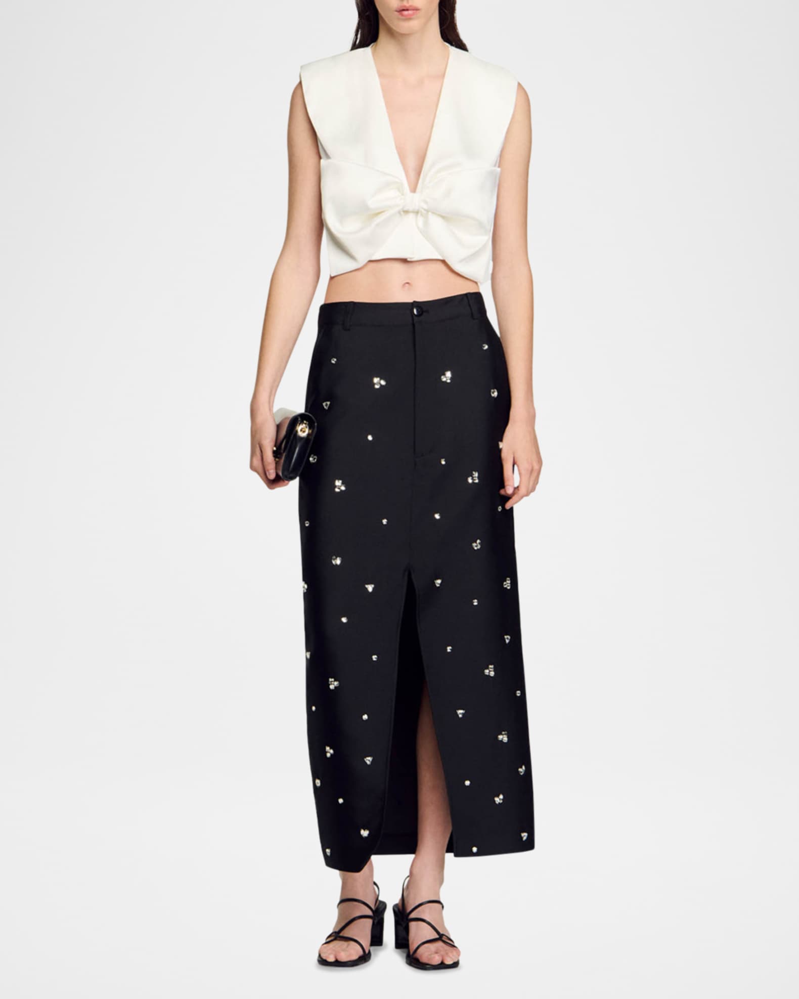 Sandro Passy Satin Oversized Bow Crop Top | Neiman Marcus