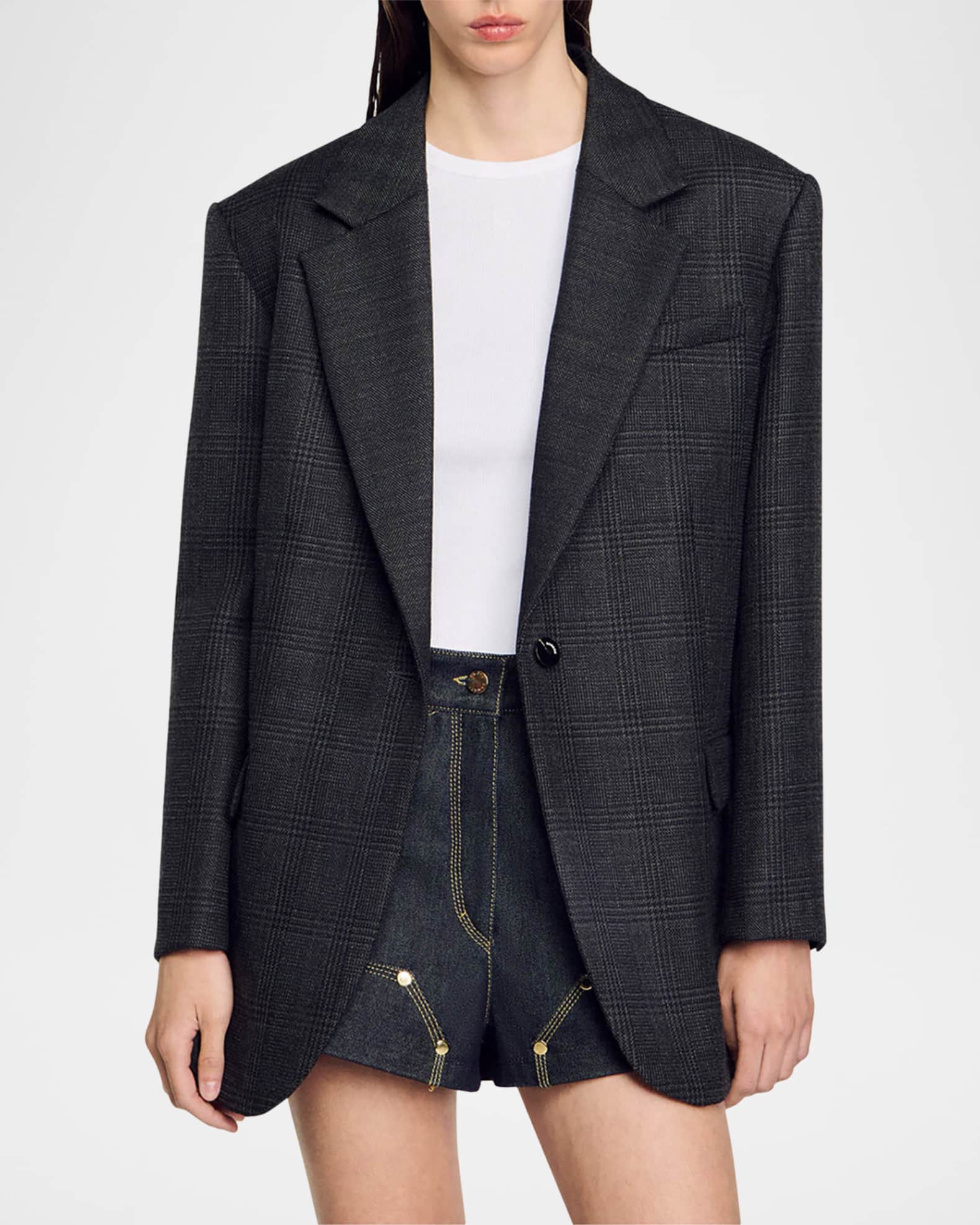 Sandro Felicie Single-Breasted Check Blazer | Neiman Marcus