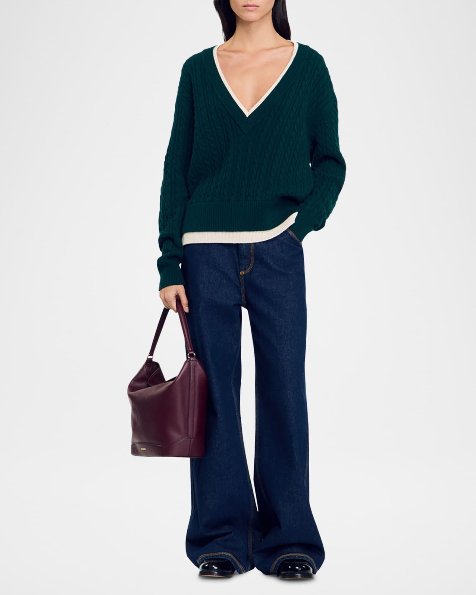 Sandro Albus Layered Cable Oversized Wool Cashmere Sweater | Neiman Marcus