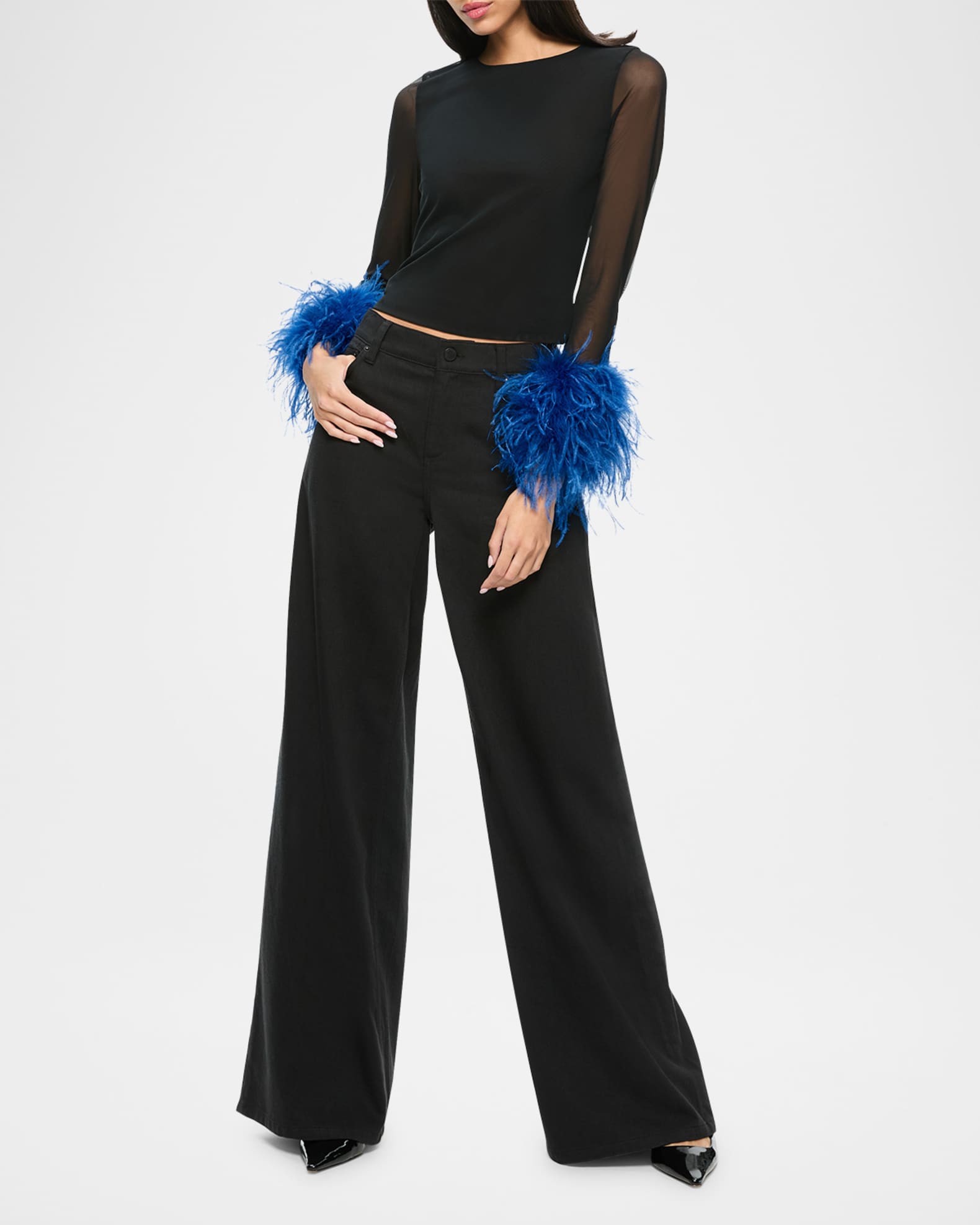 Alice + Olivia Delaina Long-Sleeve Mesh Feather Cuff Top | Neiman Marcus