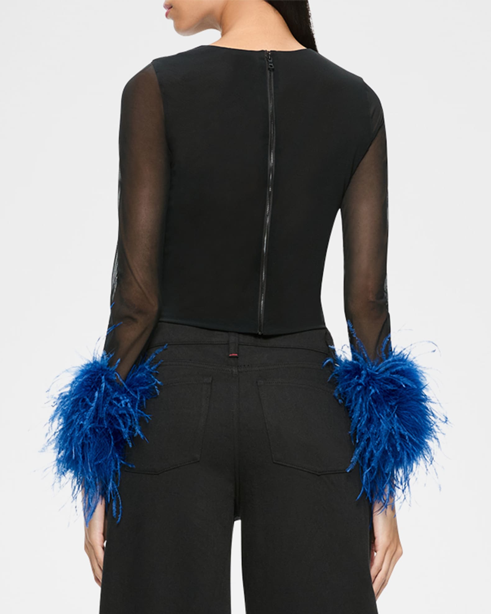 Alice + Olivia Delaina Long-Sleeve Mesh Feather Cuff Top | Neiman Marcus