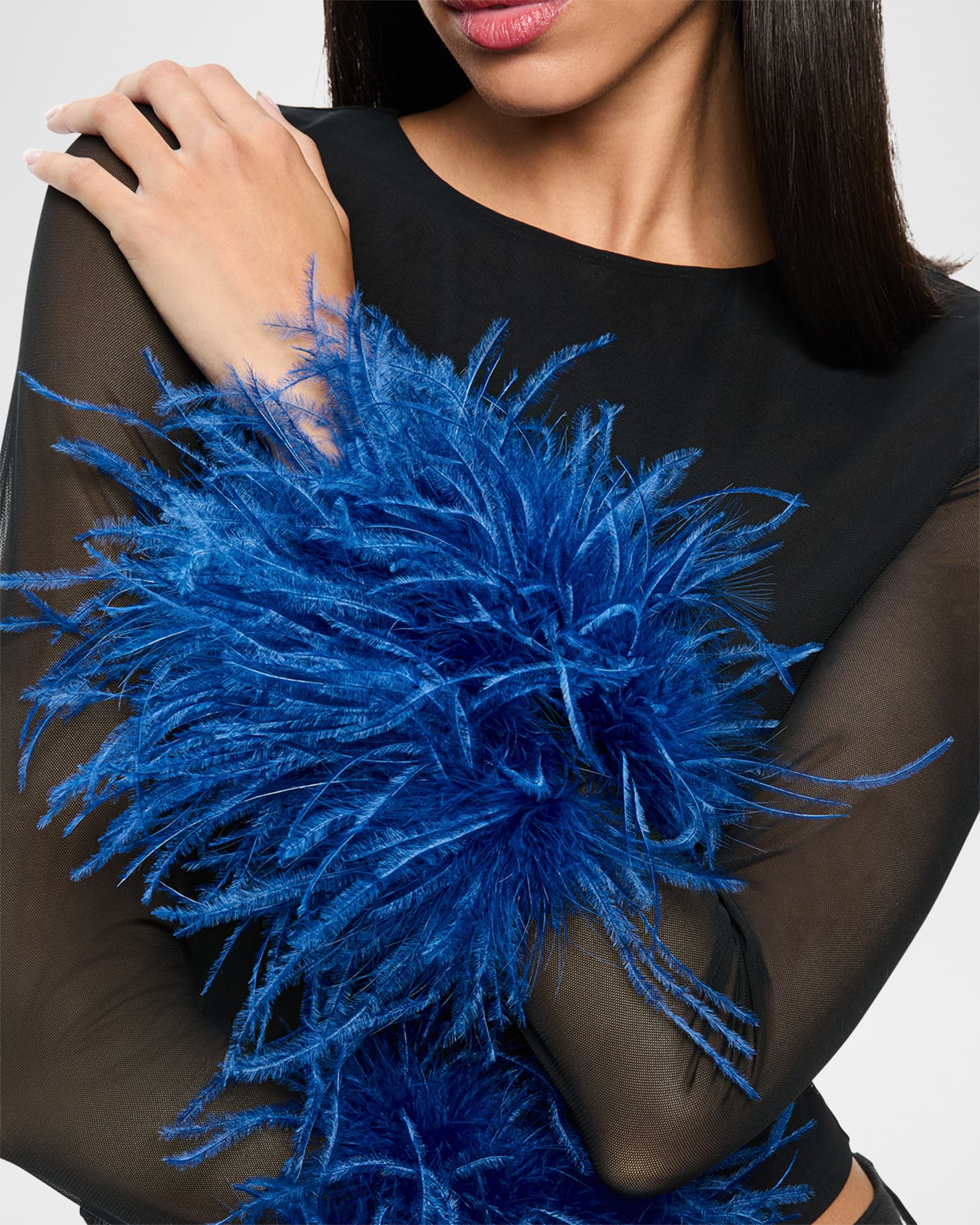 Alice + Olivia Delaina Long-Sleeve Mesh Feather Cuff Top | Neiman Marcus