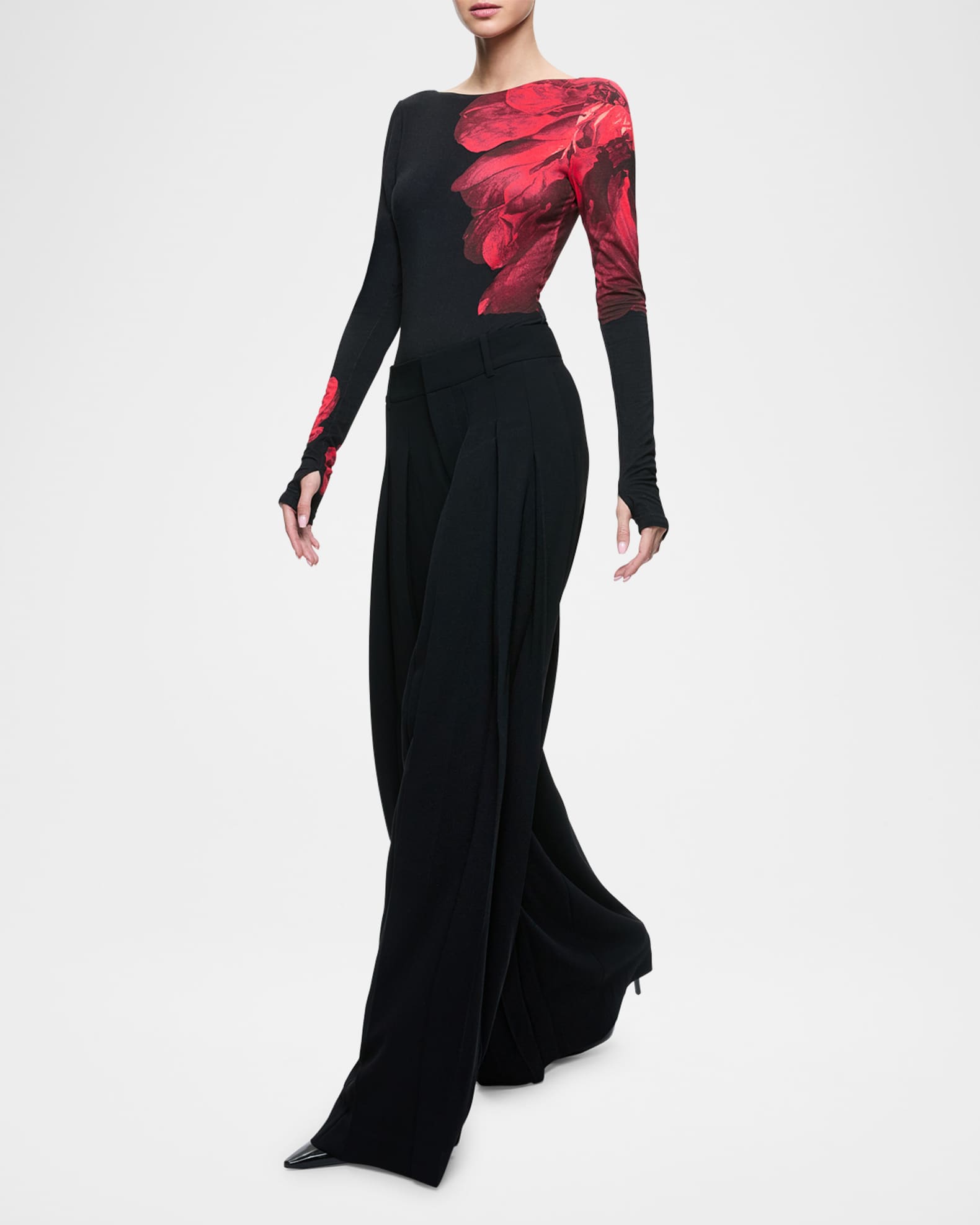 Alice + Olivia Masako Long-Sleeve Open Back Bodysuit with Thumbholes ...