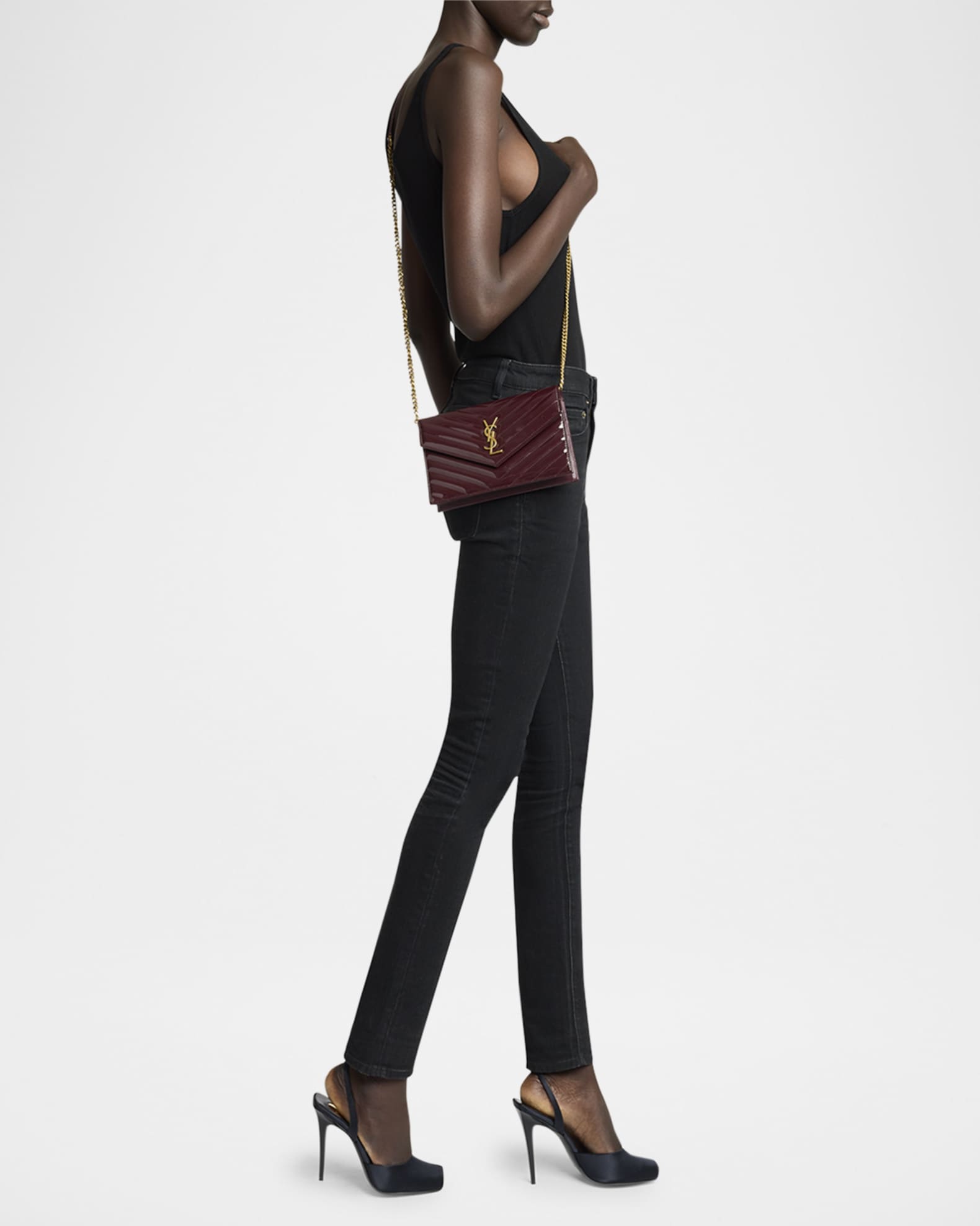 Saint Laurent YSL Envelope Wallet on Chain in Quilted Patent Leather ...