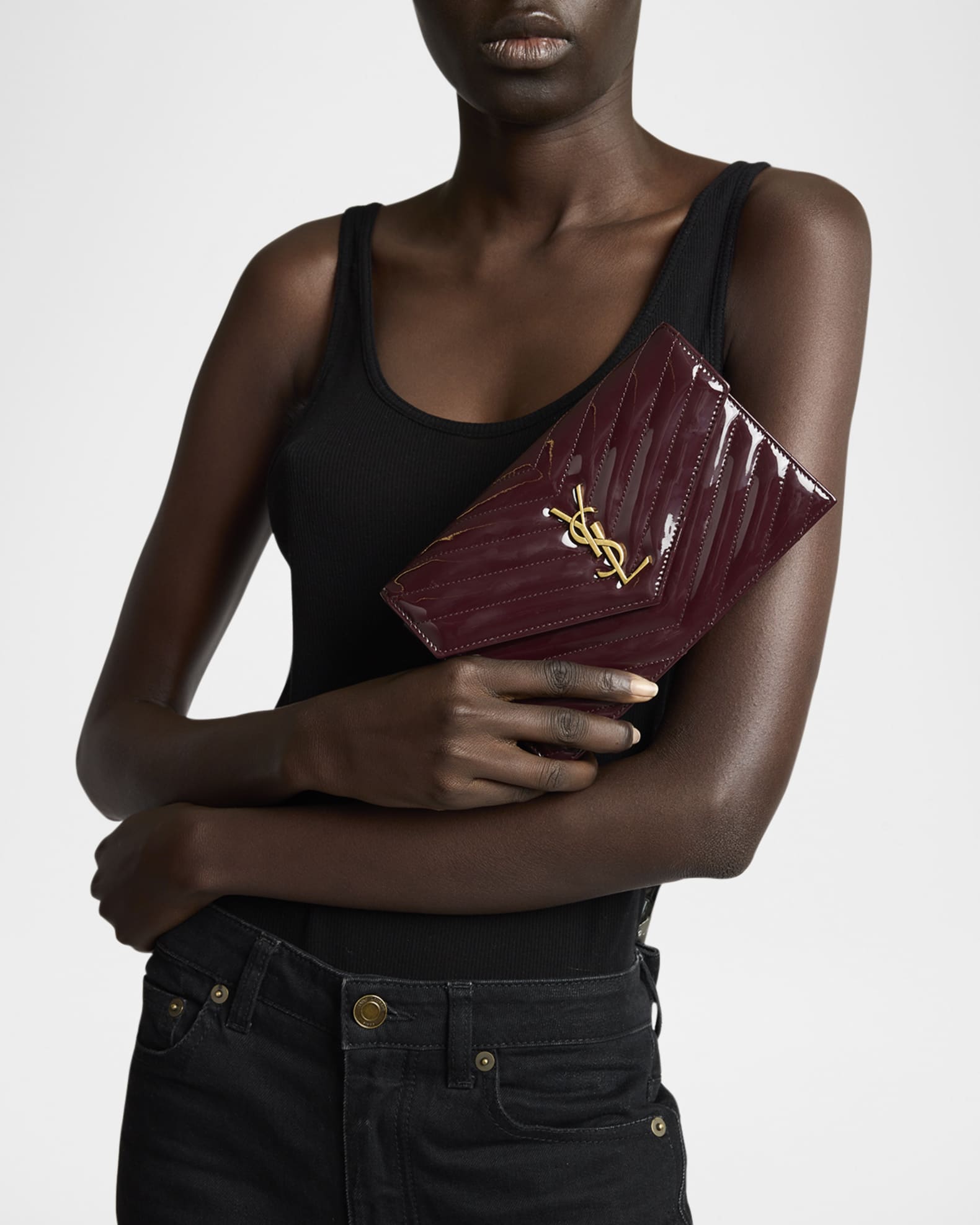 Saint Laurent YSL Envelope Wallet on Chain in Quilted Patent Leather ...