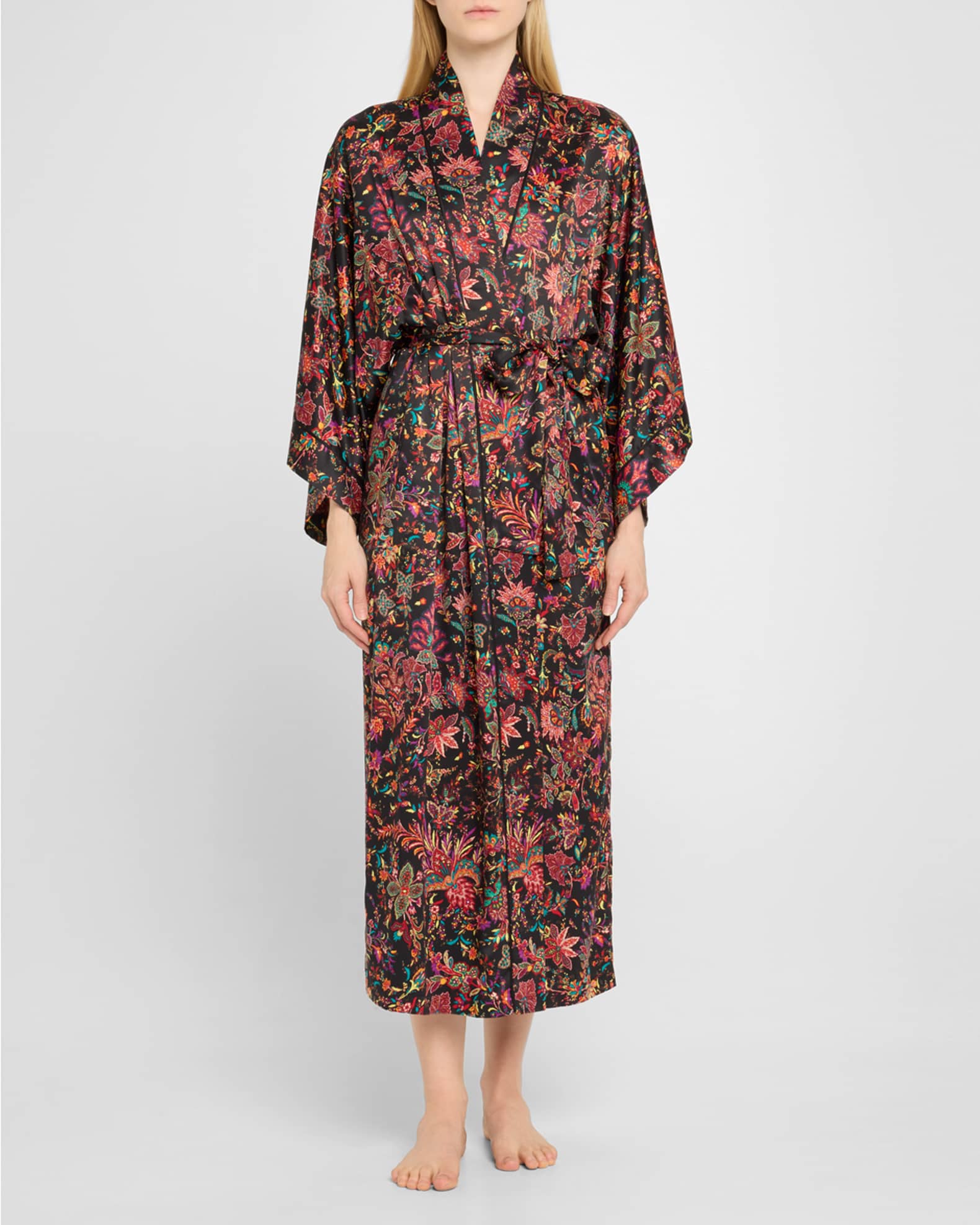 Natori Granada Long Floral-Print Charmeuse Robe | Neiman Marcus