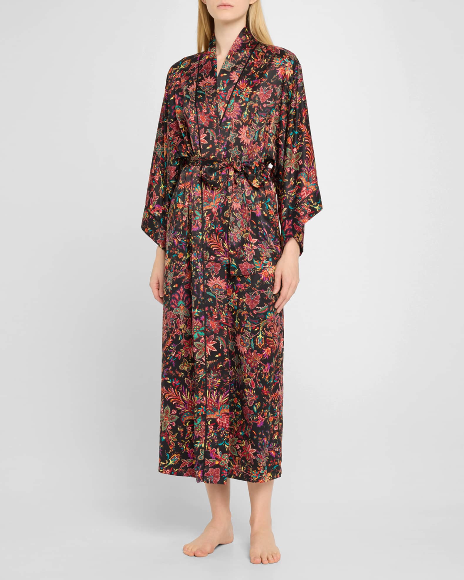 Natori Granada Long Floral-Print Charmeuse Robe | Neiman Marcus