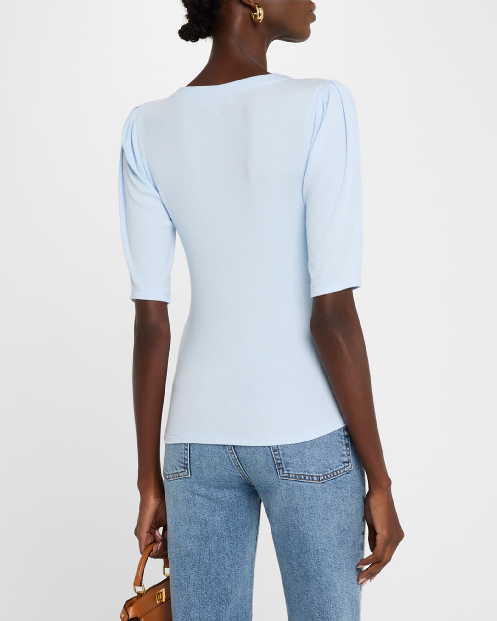 FRAME Rib Ruched Short-Sleeve Henley Top | Neiman Marcus