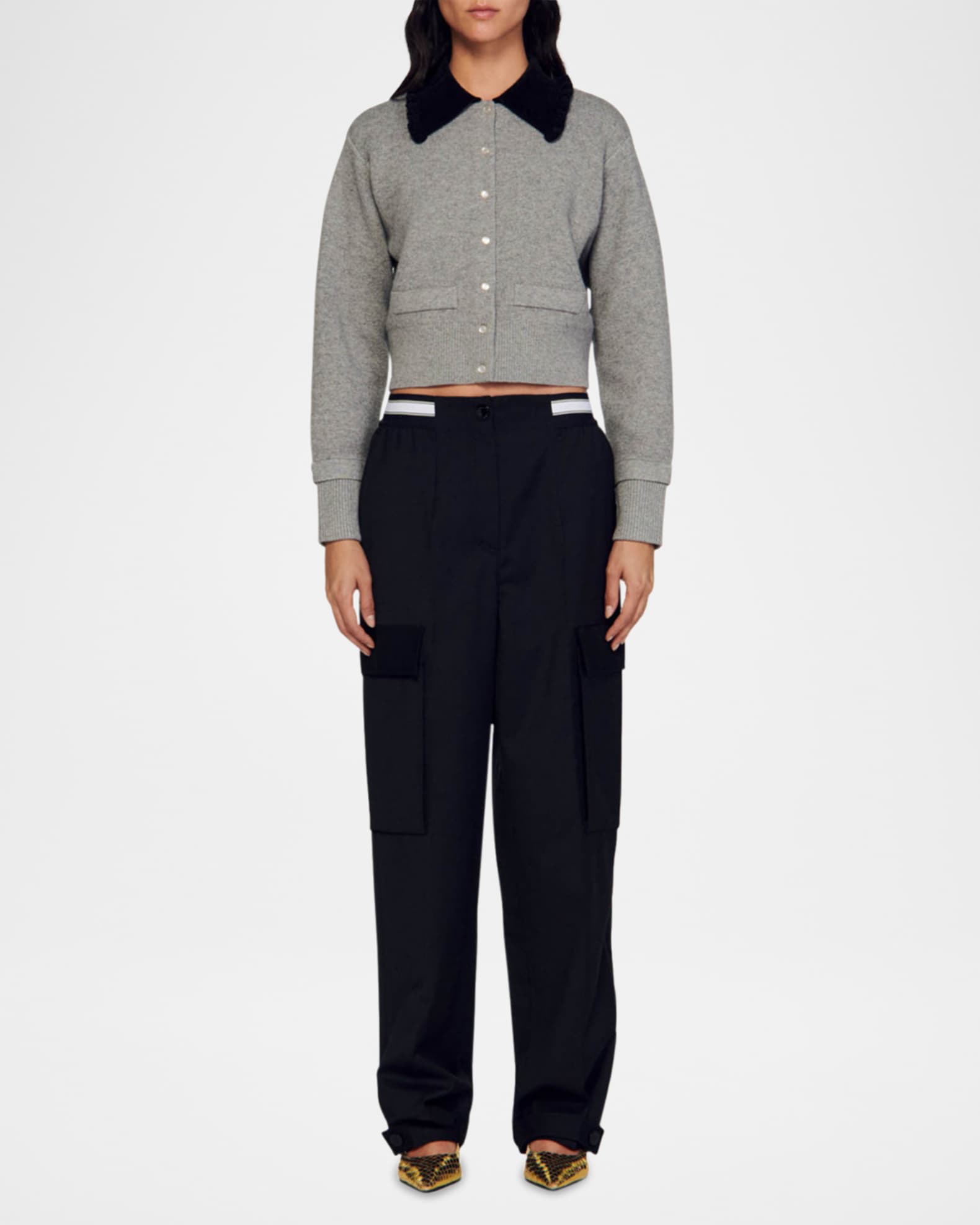 Sandro Etienne Velvet Collar Wool Crop Cardigan | Neiman Marcus