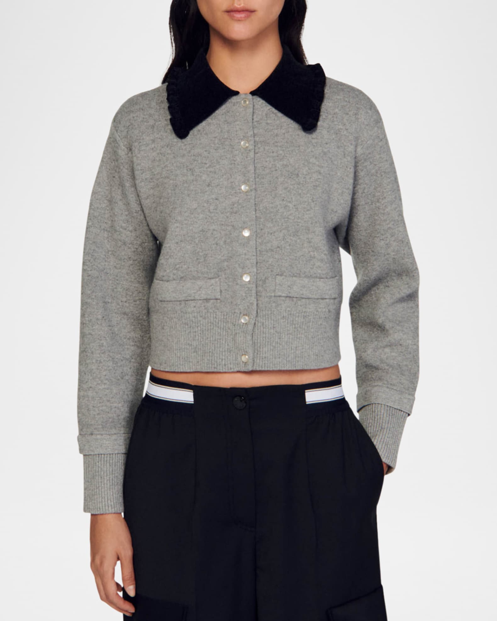 Sandro Etienne Velvet Collar Wool Crop Cardigan | Neiman Marcus