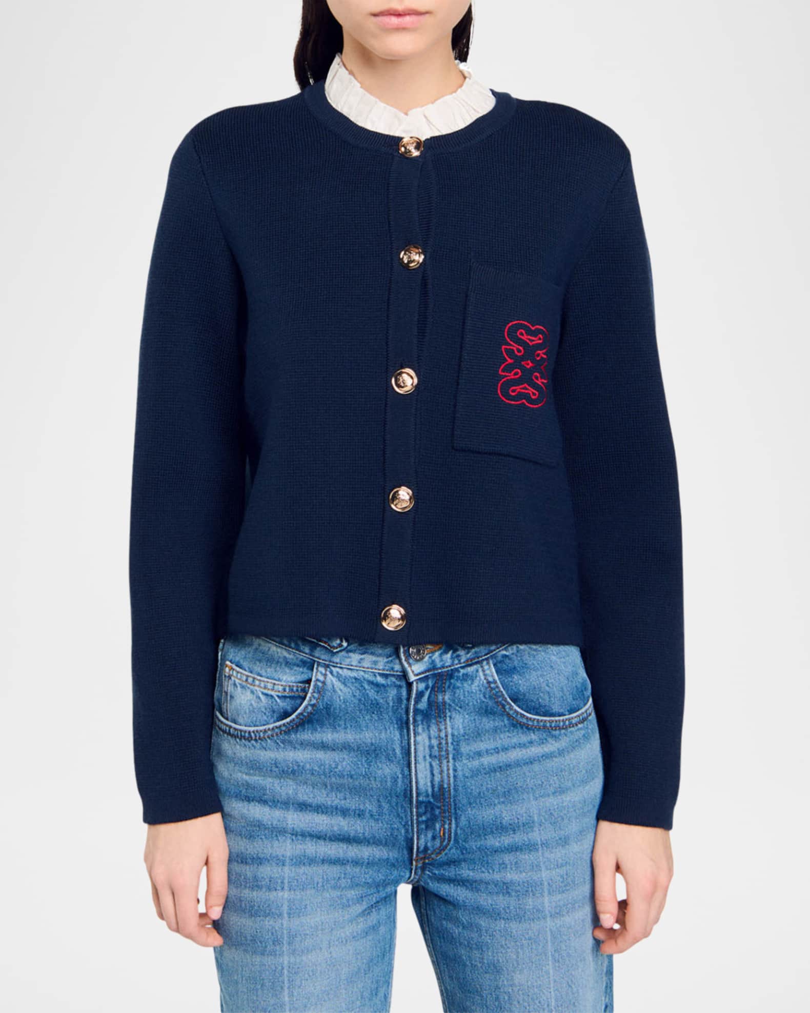 Sandro Samba Poplin Collar Embroidered Wool Cardigan | Neiman Marcus