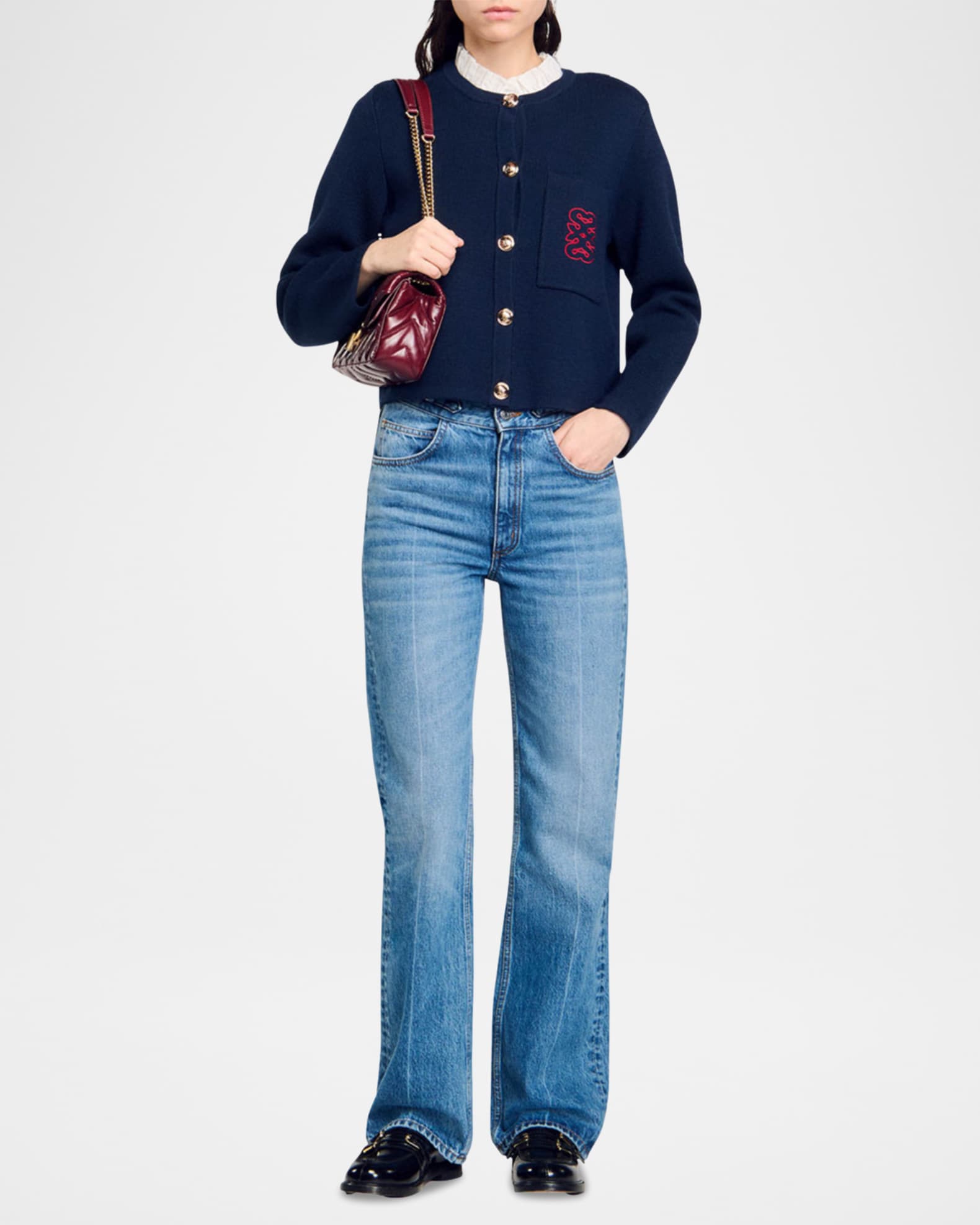 Sandro Samba Poplin Collar Embroidered Wool Cardigan | Neiman Marcus