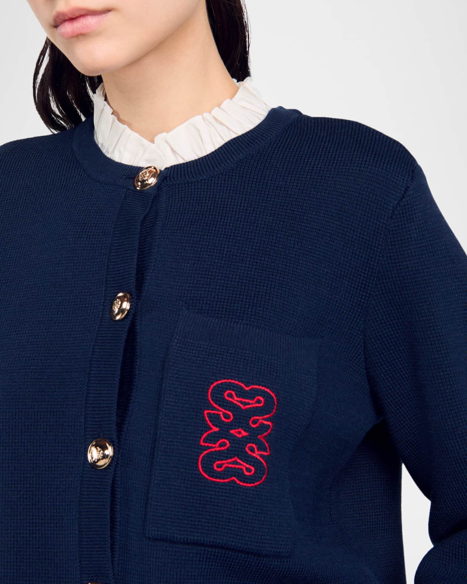 Sandro Samba Poplin Collar Embroidered Wool Cardigan | Neiman Marcus