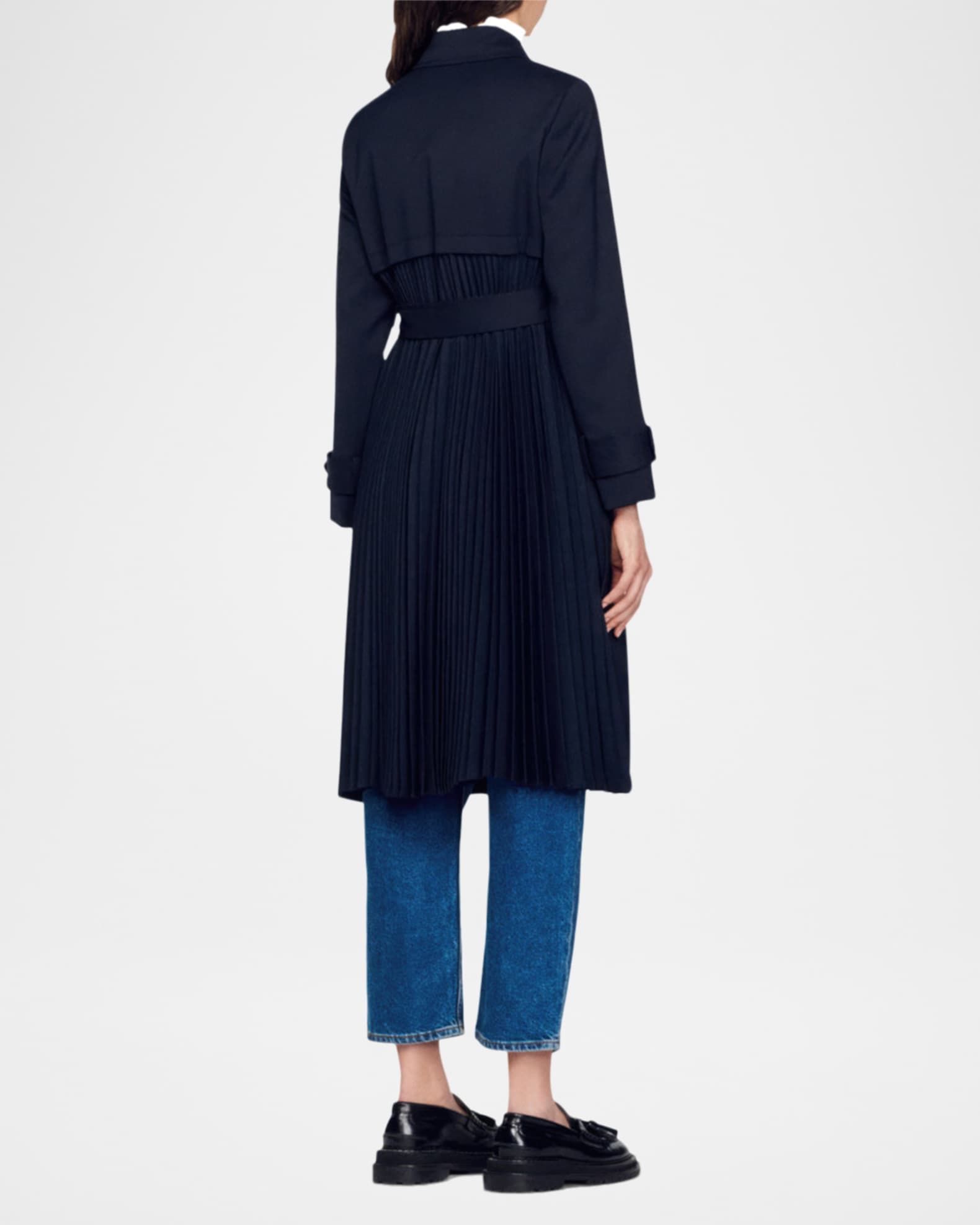 Sandro Navy Pleated-Back Belted Trench Coat | Neiman Marcus