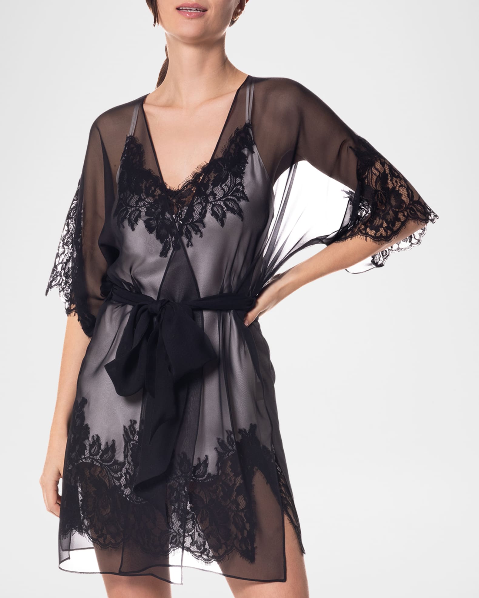 Christine Lingerie Diva Lace-Trim Silk Chiffon Robe | Neiman Marcus