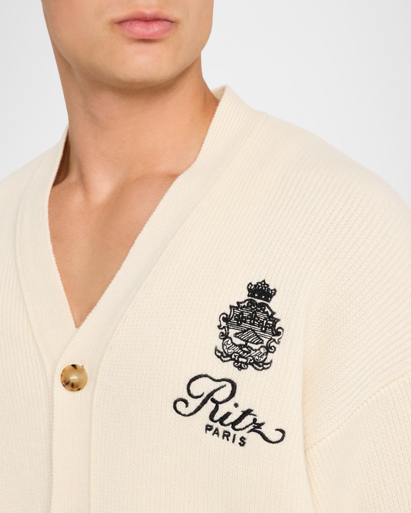 FRAME x Ritz Paris x Ritz Paris Men's Crest Tennis Cardigan | Neiman Marcus