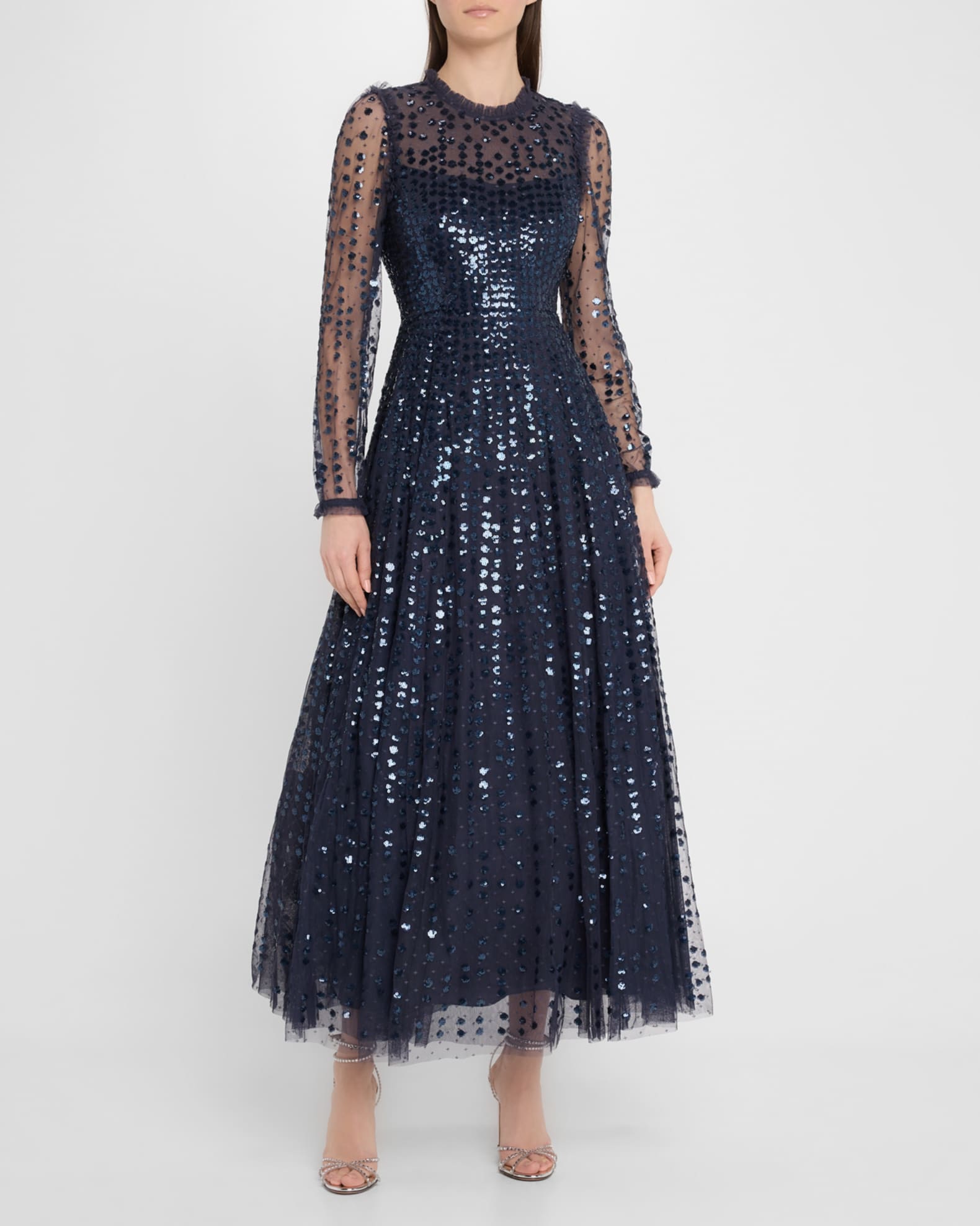 Needle & Thread Raindrop Sheer-Sleeve Sequin Ankle Gown | Neiman Marcus