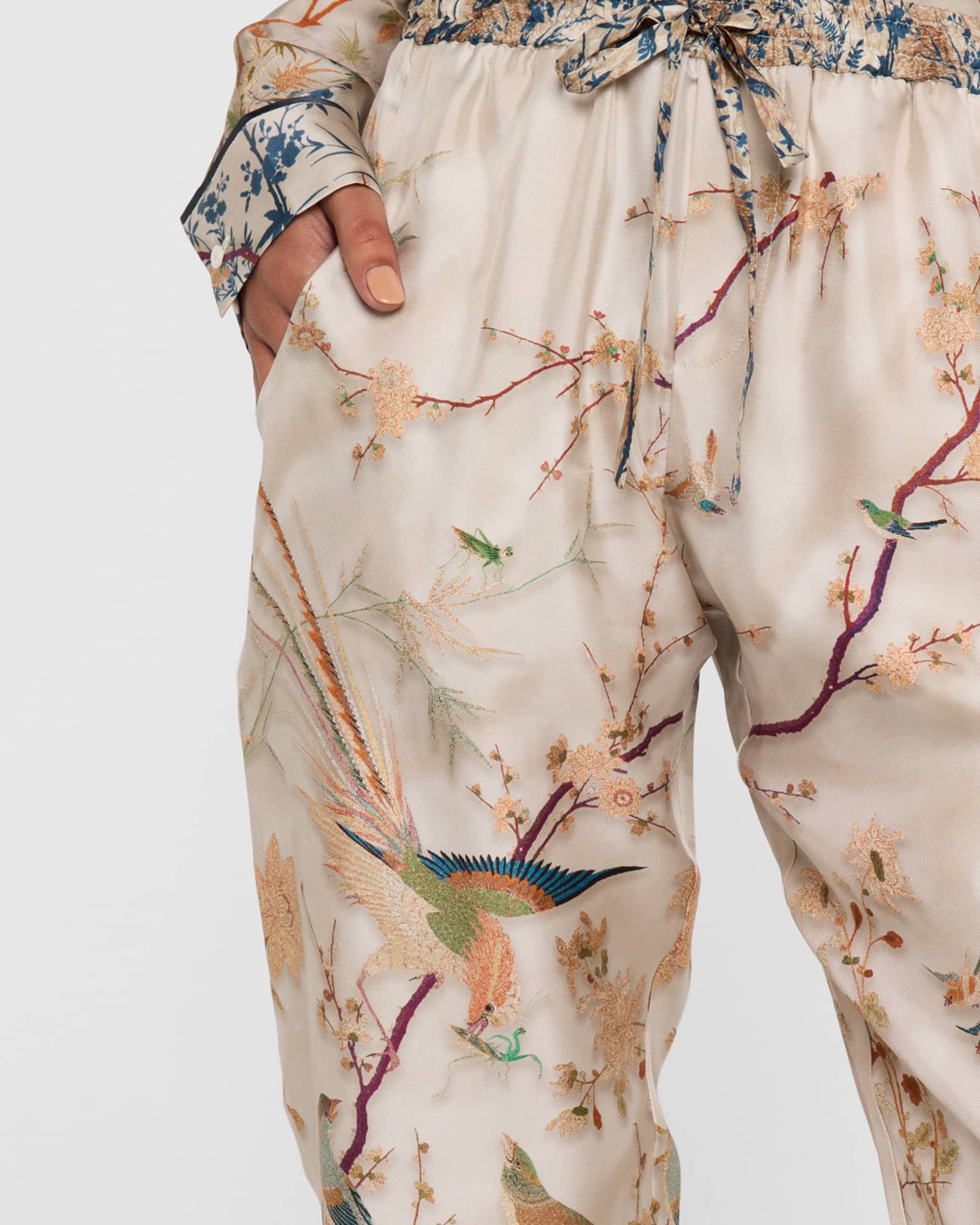 Pierre-Louis Mascia Cropped Floral & Bird-Print Silk Pants | Neiman Marcus