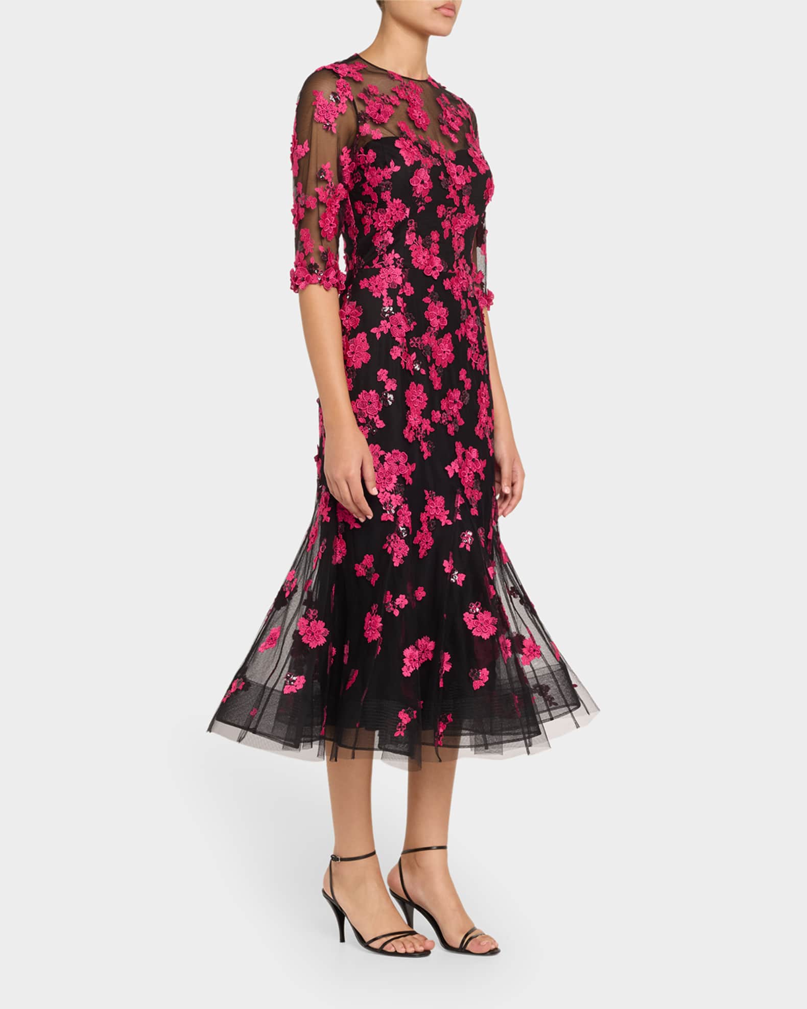 Rickie Freeman for Teri Jon Beaded Floral-Embroidered Trumpet Midi ...