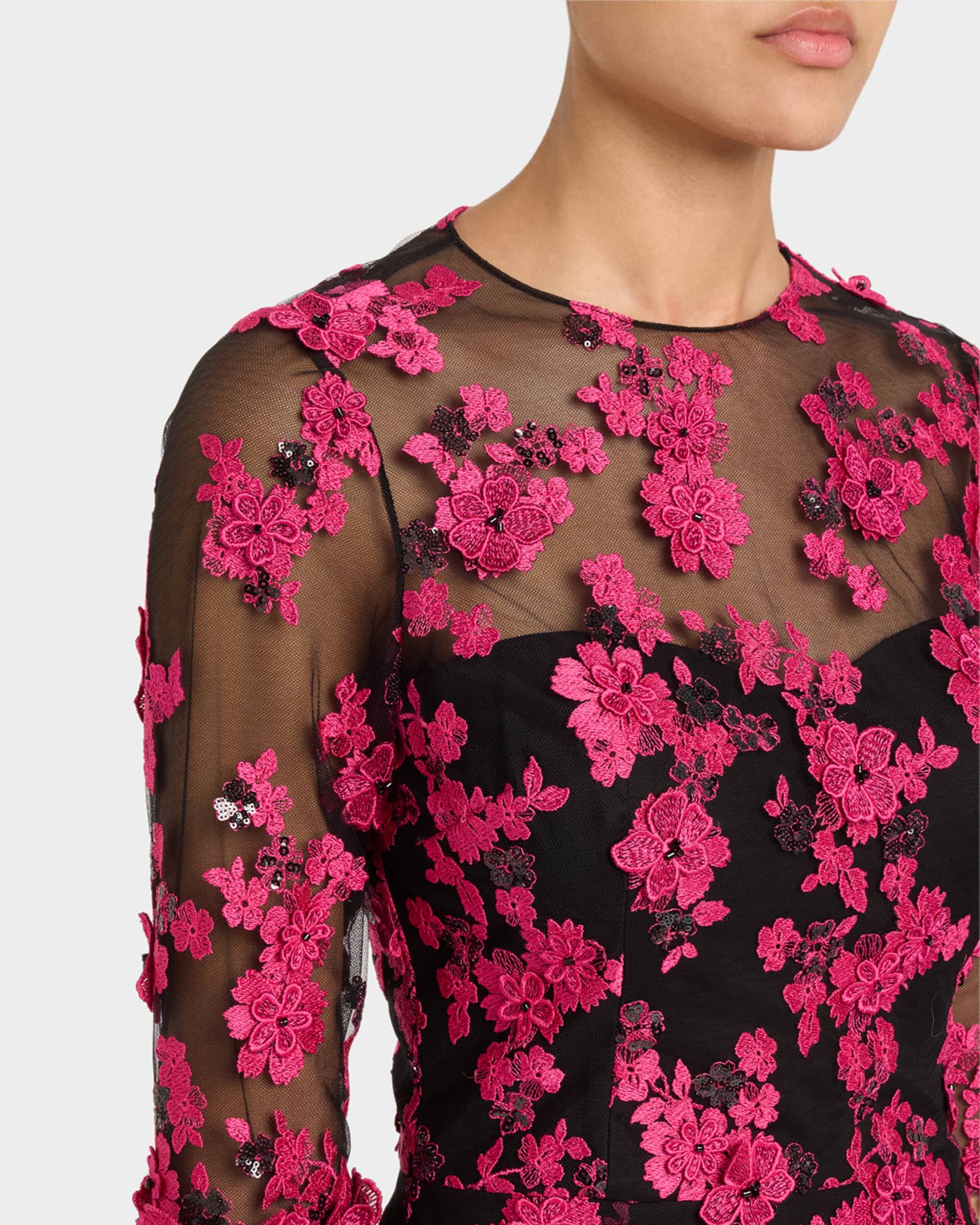 Rickie Freeman for Teri Jon Beaded Floral-Embroidered Trumpet Midi ...