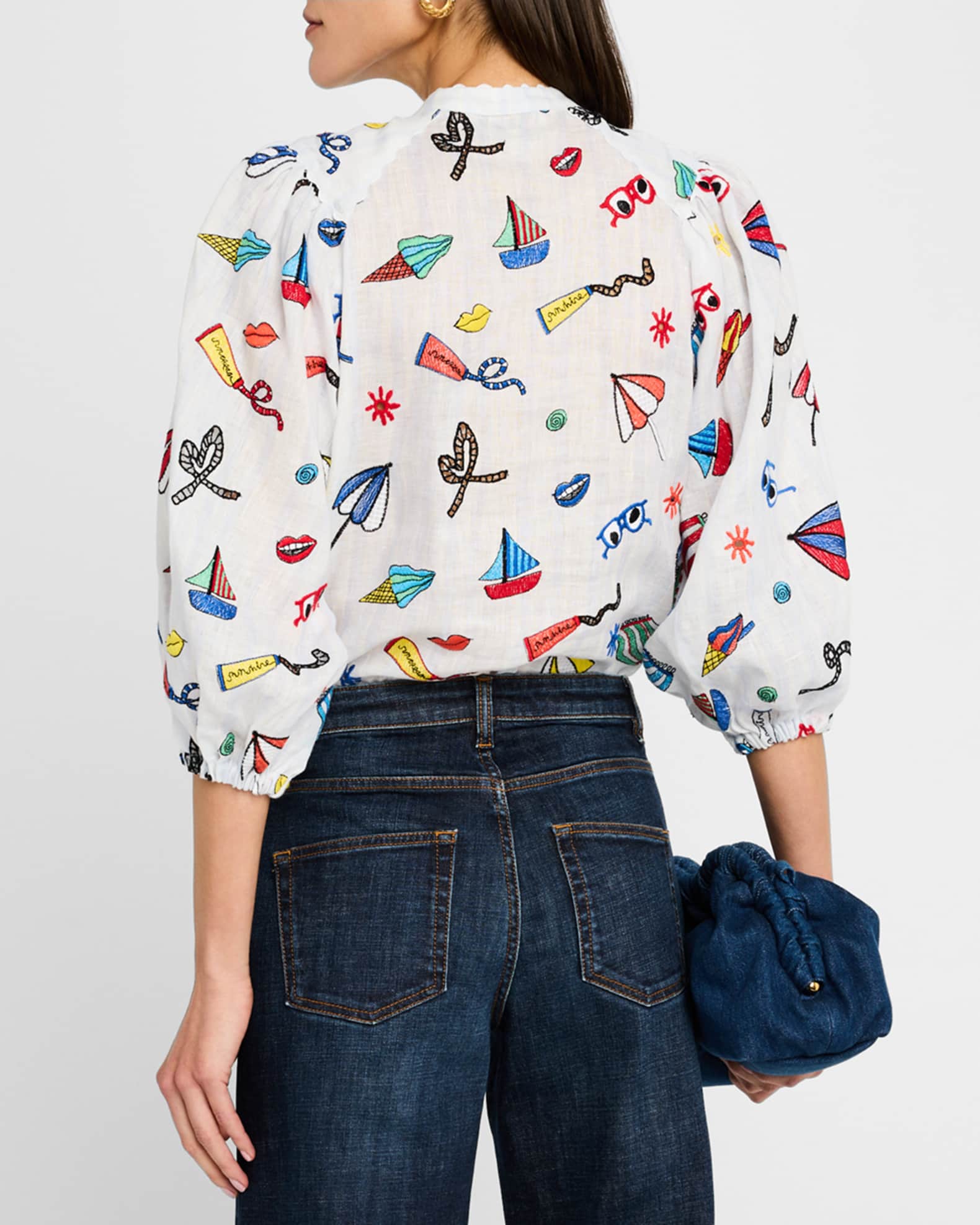 Maison Common Nautical Embroidered Linen Button-Down Blouse | Neiman Marcus