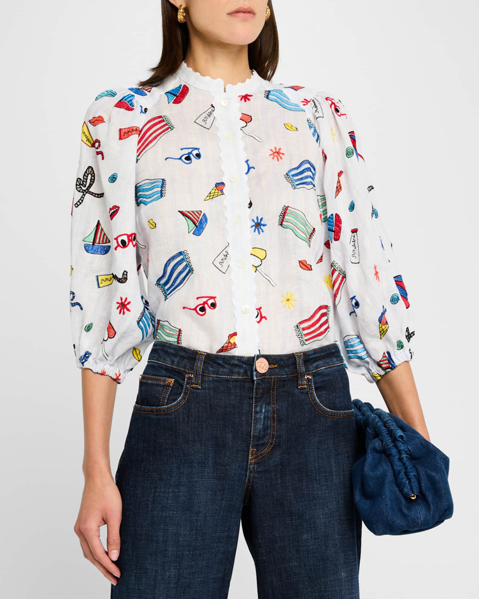 Maison Common Nautical Embroidered Linen Button-Down Blouse | Neiman Marcus