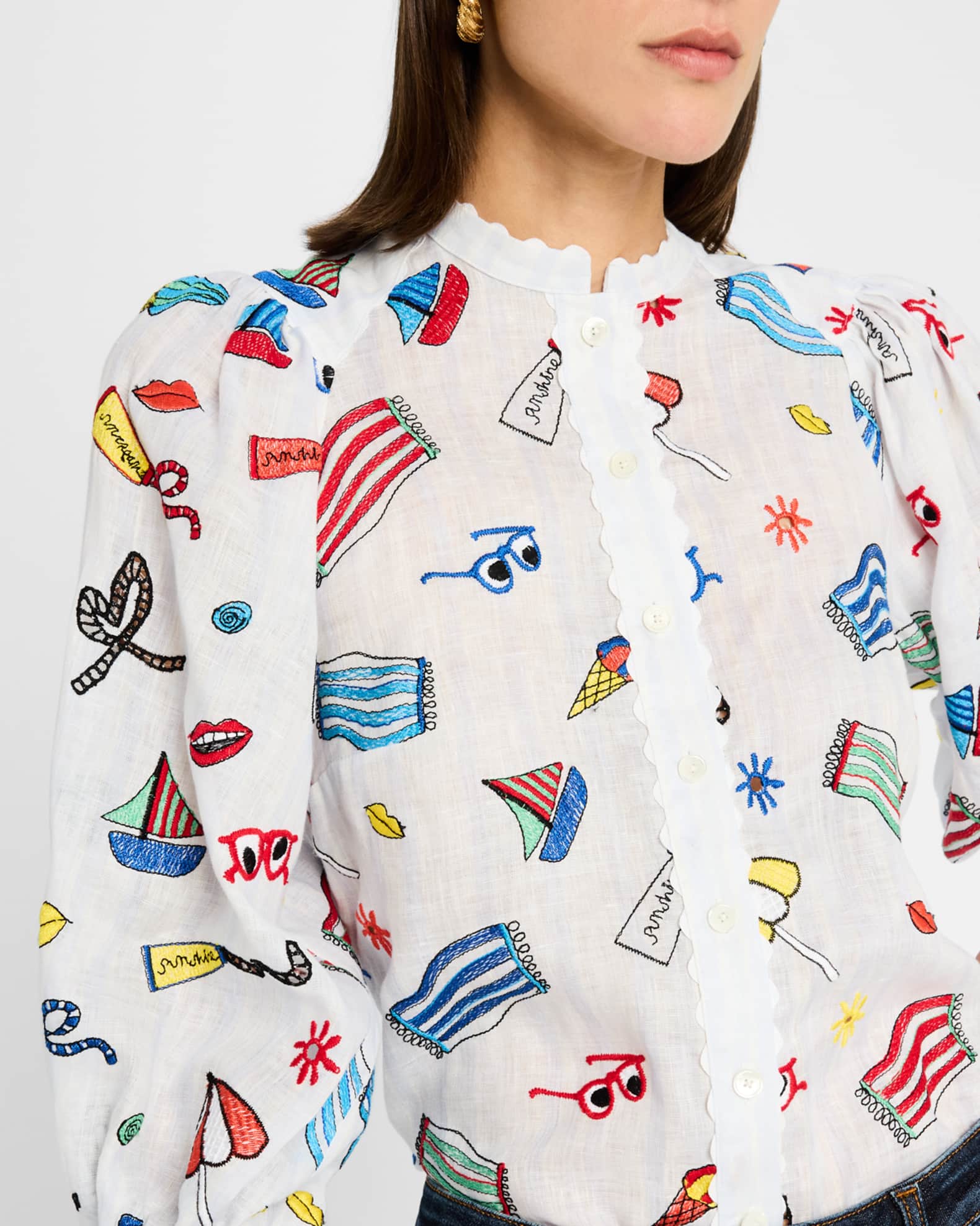 Maison Common Nautical Embroidered Linen Button-Down Blouse | Neiman Marcus