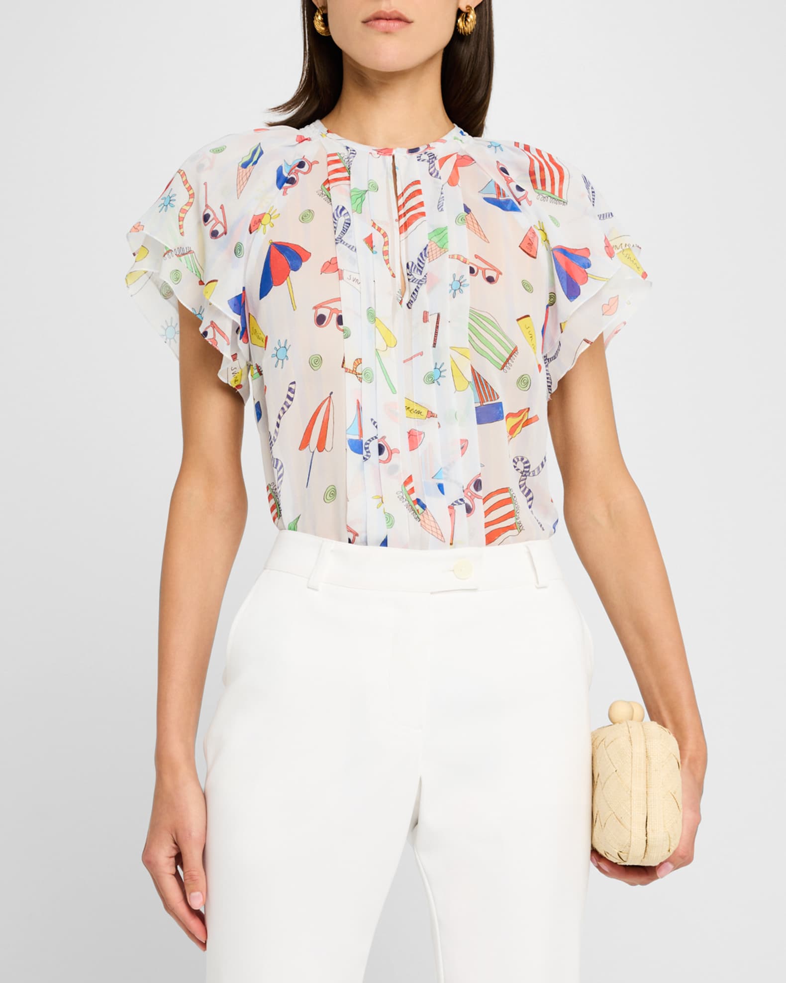 Maison Common Nautical-Print Flutter Short-Sleeve Silk Blouse | Neiman ...