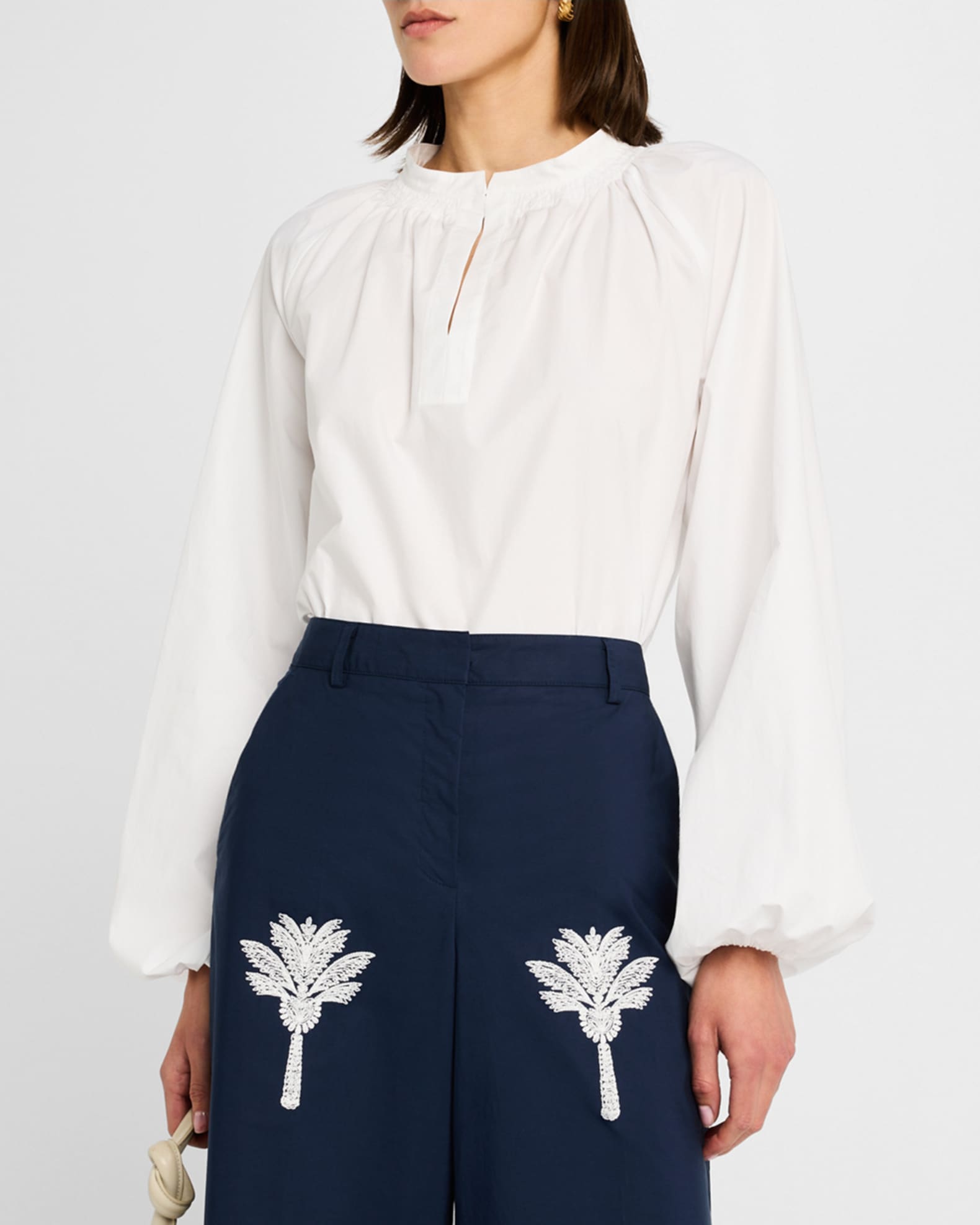 Maison Common Ruched-Neck Long-Sleeve Cotton Blouse | Neiman Marcus