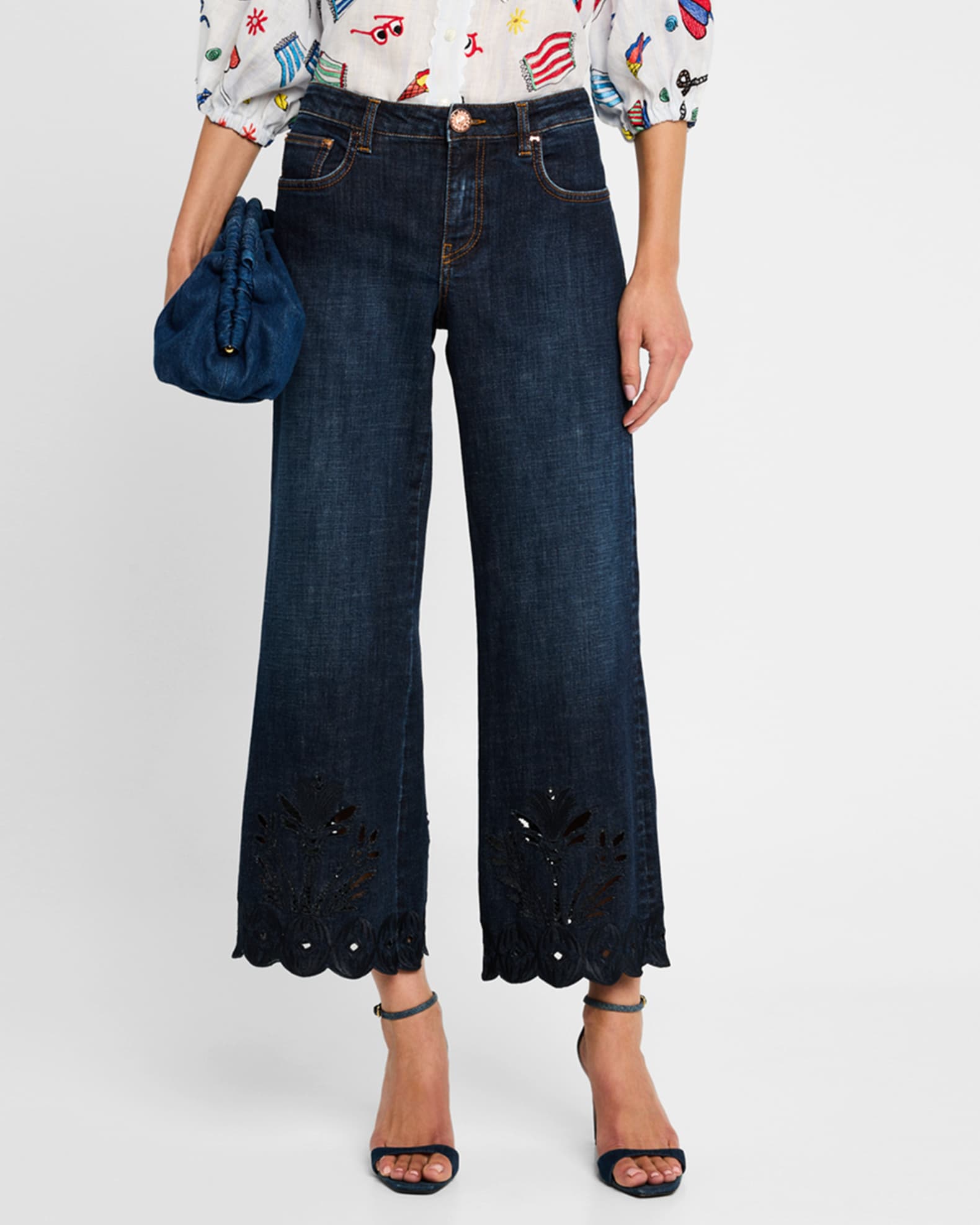 Maison Common Eyelet Cutout Wide-Leg Ankle Jeans | Neiman Marcus