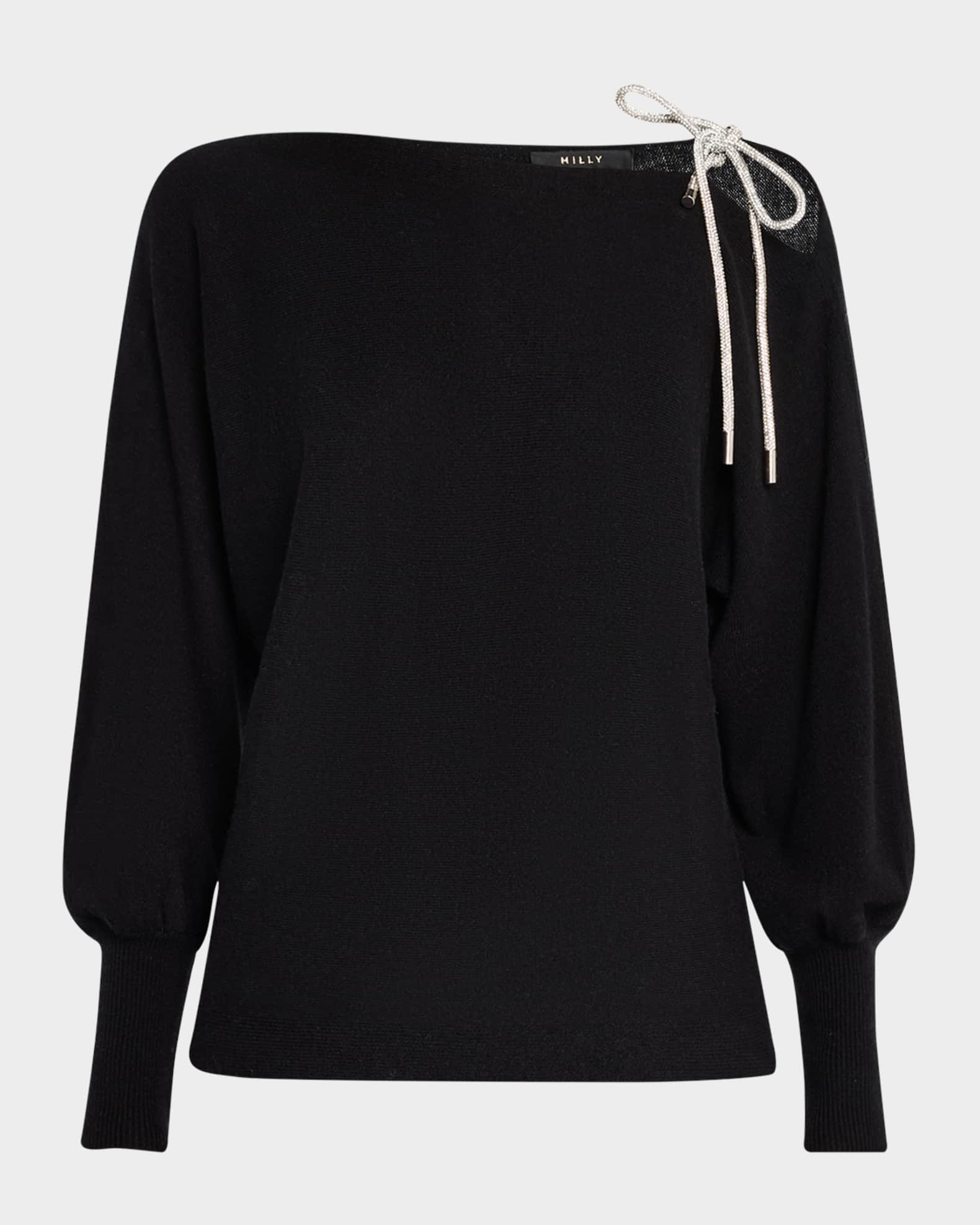 Milly Ida One-Shoulder Crystal Tie Sweater | Neiman Marcus