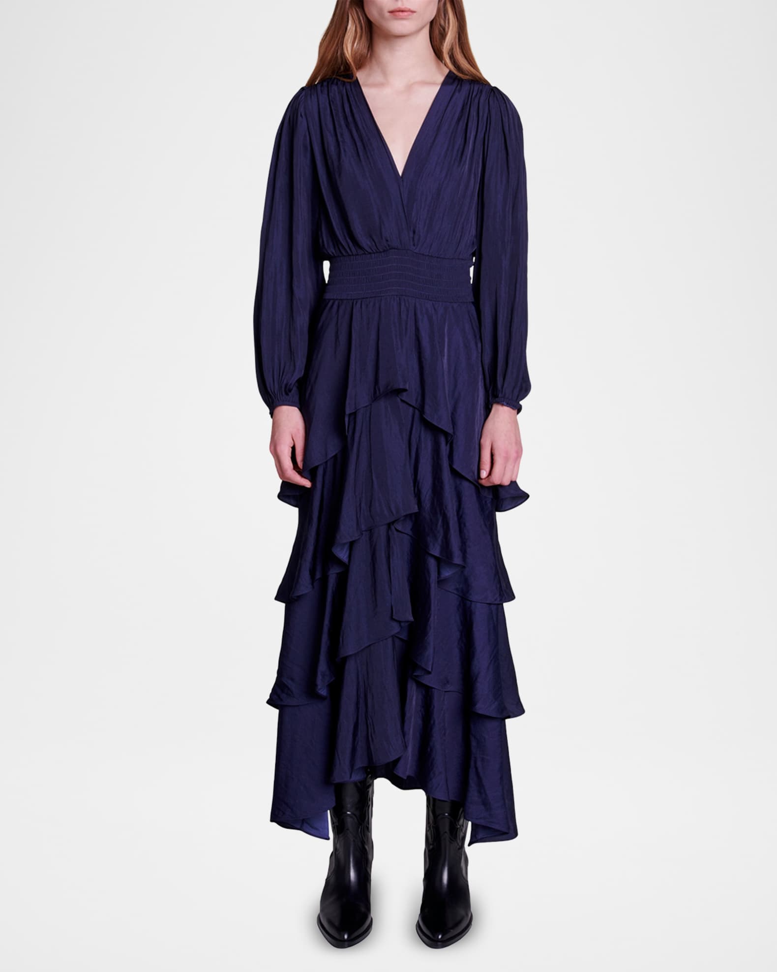 Maje Ruffinella Ruffled Midi Dress | Neiman Marcus