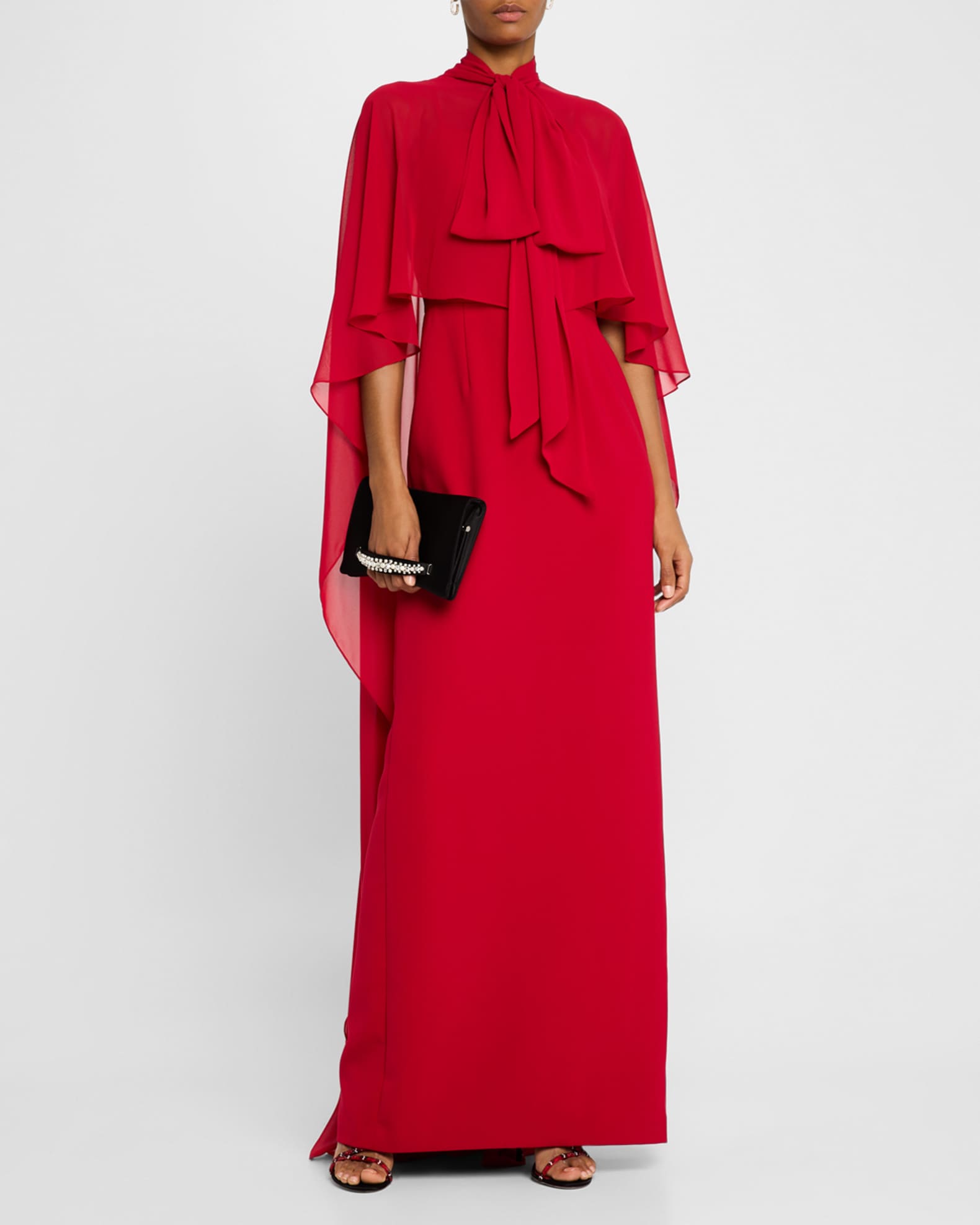 Rickie Freeman for Teri Jon Draped Tie-Neck Cape Column Gown | Neiman ...