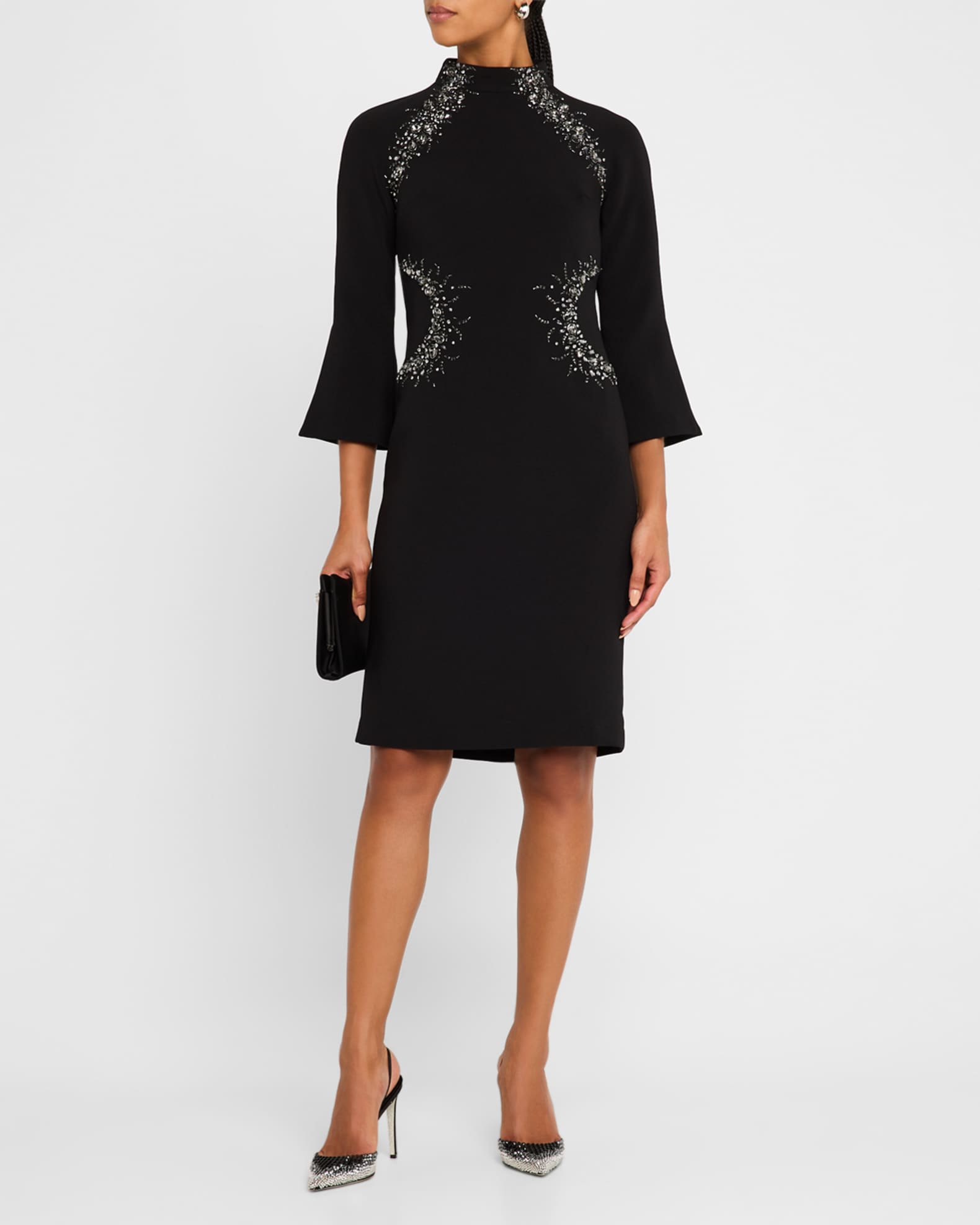 Rickie Freeman for Teri Jon Beaded Flare-Sleeve Crepe Dress | Neiman Marcus