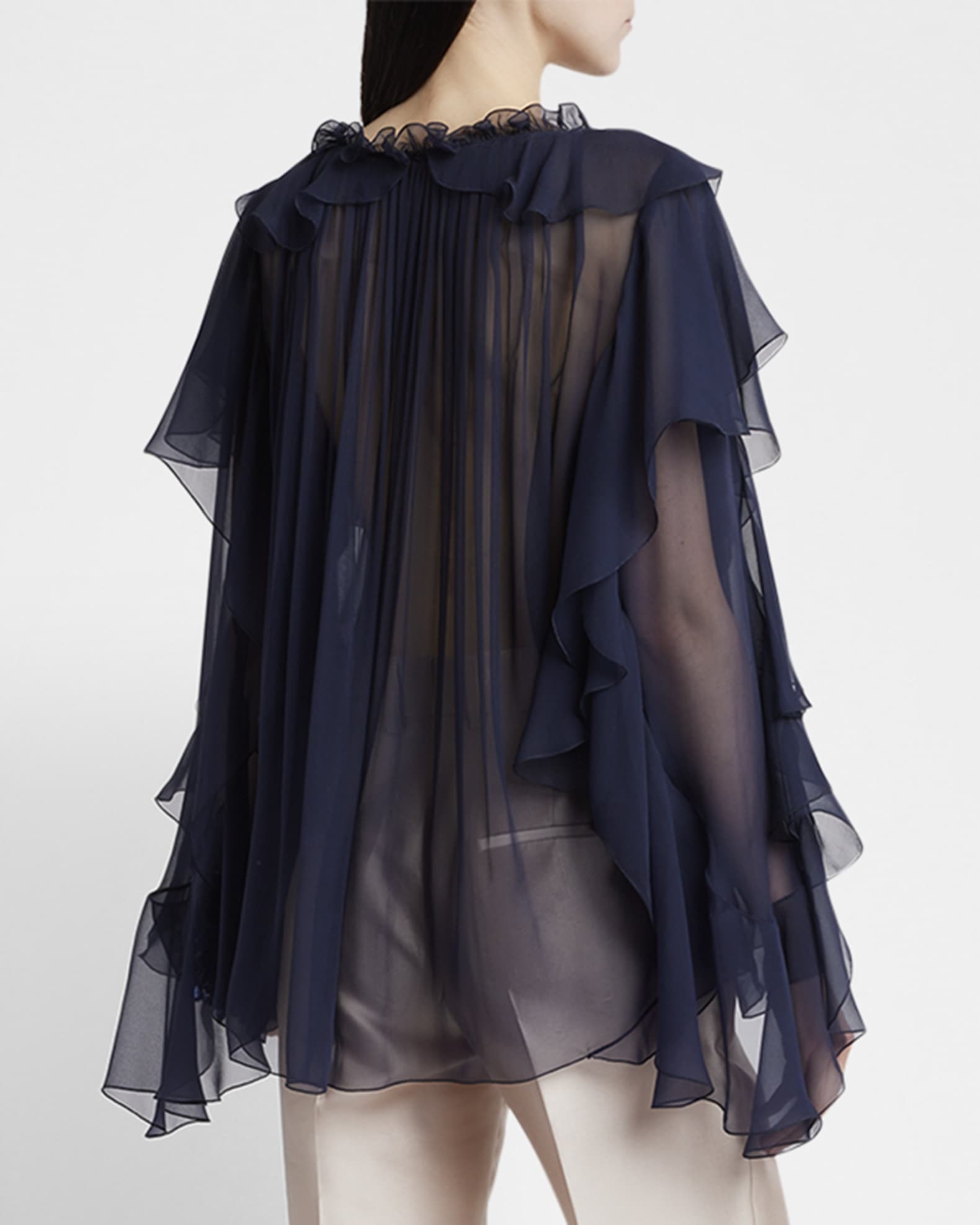 Alberta Ferretti Ruffle Long-Sleeve Silk Blouse | Neiman Marcus